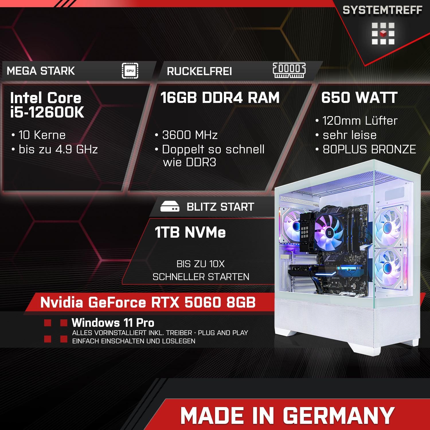 SYSTEMTREFF Gaming-PC (Intel 12600K 12600K, Nvidia GeForce RTX 5060, 16 ...