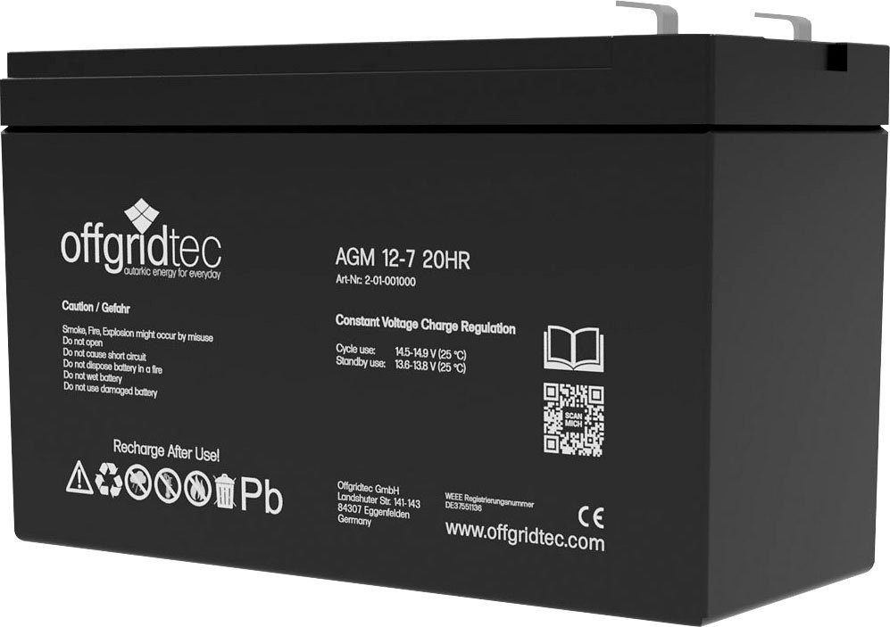 offgridtec AGM-Batterie 12V/7,0Ah 20HR Akku (12 V), Solar Batterie Akku Extrem zyklenfest ...