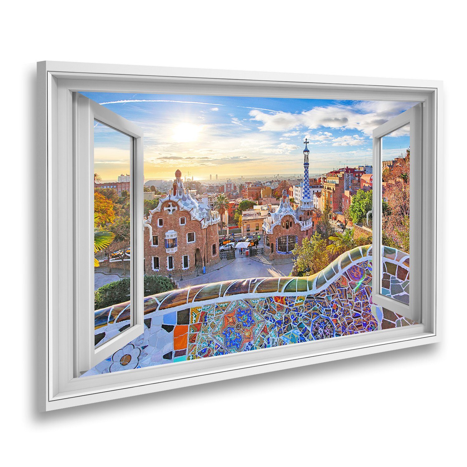 islandburner Leinwandbild Fensterblick Barcelona Park Guell Spanien Sagenhafter Effekt Wandbild