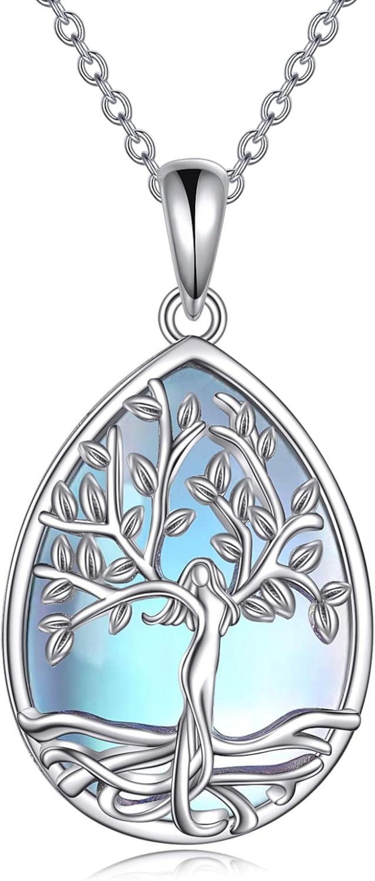 LuxusKollektion Kette und Anhänger Set 925 Sterling Silber Mondstein Baum des Lebens Halskette Damen