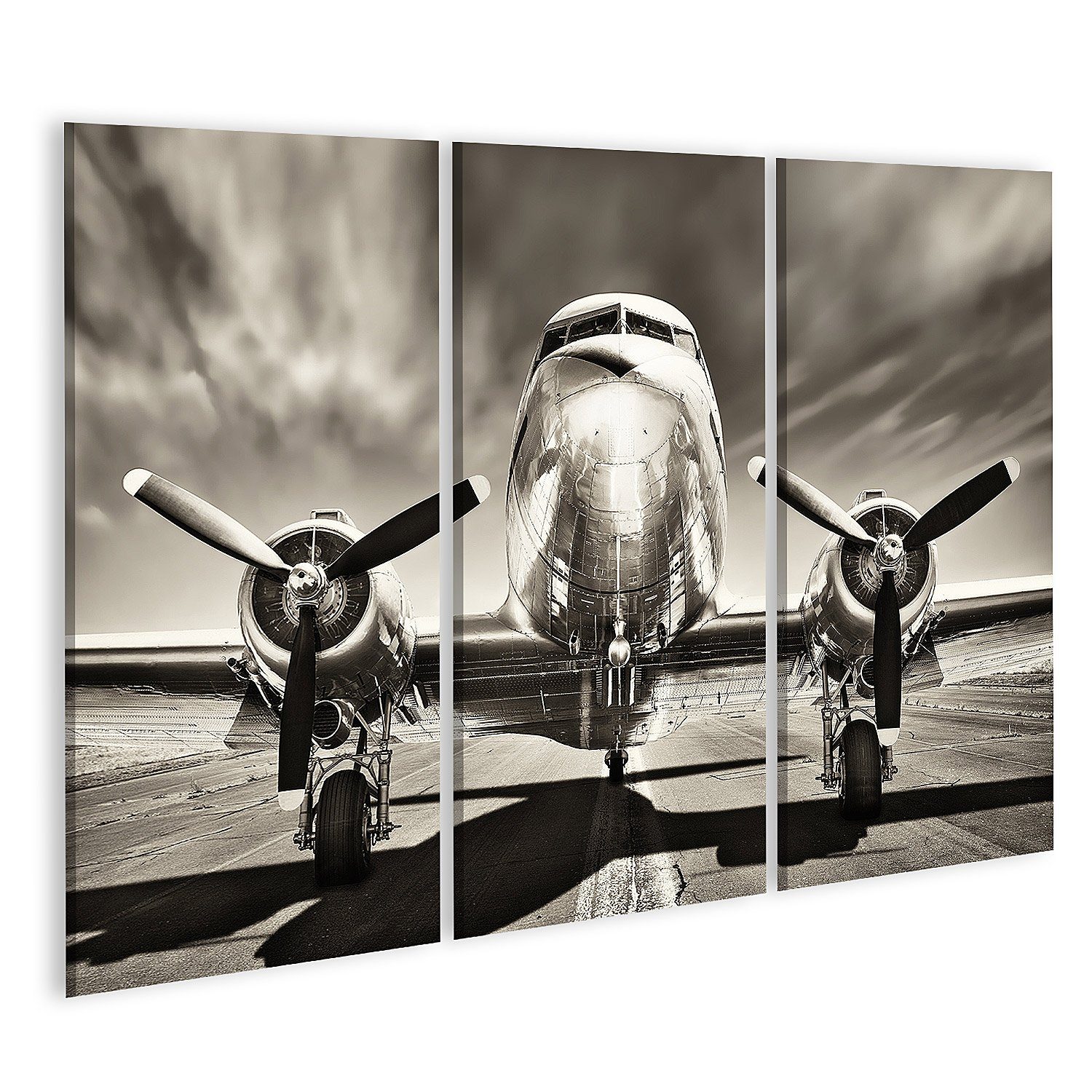 islandburner Leinwandbild Bild auf Leinwand Retro Propeller Flugzeug Maschine Monochrome Wandbil