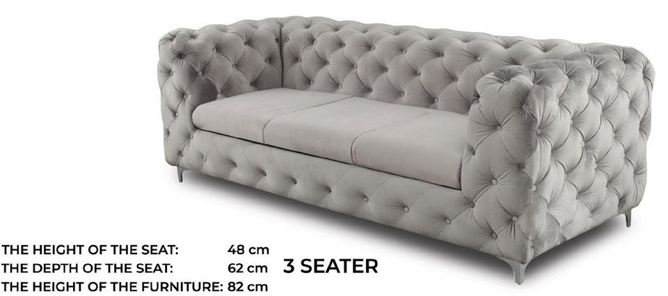 Jvmoebel Sofa Grauer Chesterfield Dreisitzer Designer Luxus Wohnzimmer