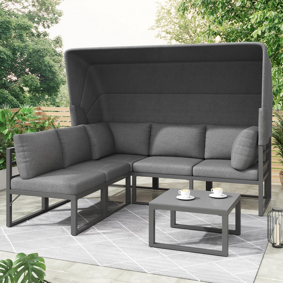 Flieks Gartenlounge-Set, 5 Sitzer Gartenmöbel Sitzgruppe mit Sonnendach Flieks Gartenlounge-Set, 5 Sitzer Gartenmöbel Sitzgruppe mit Sonnendach