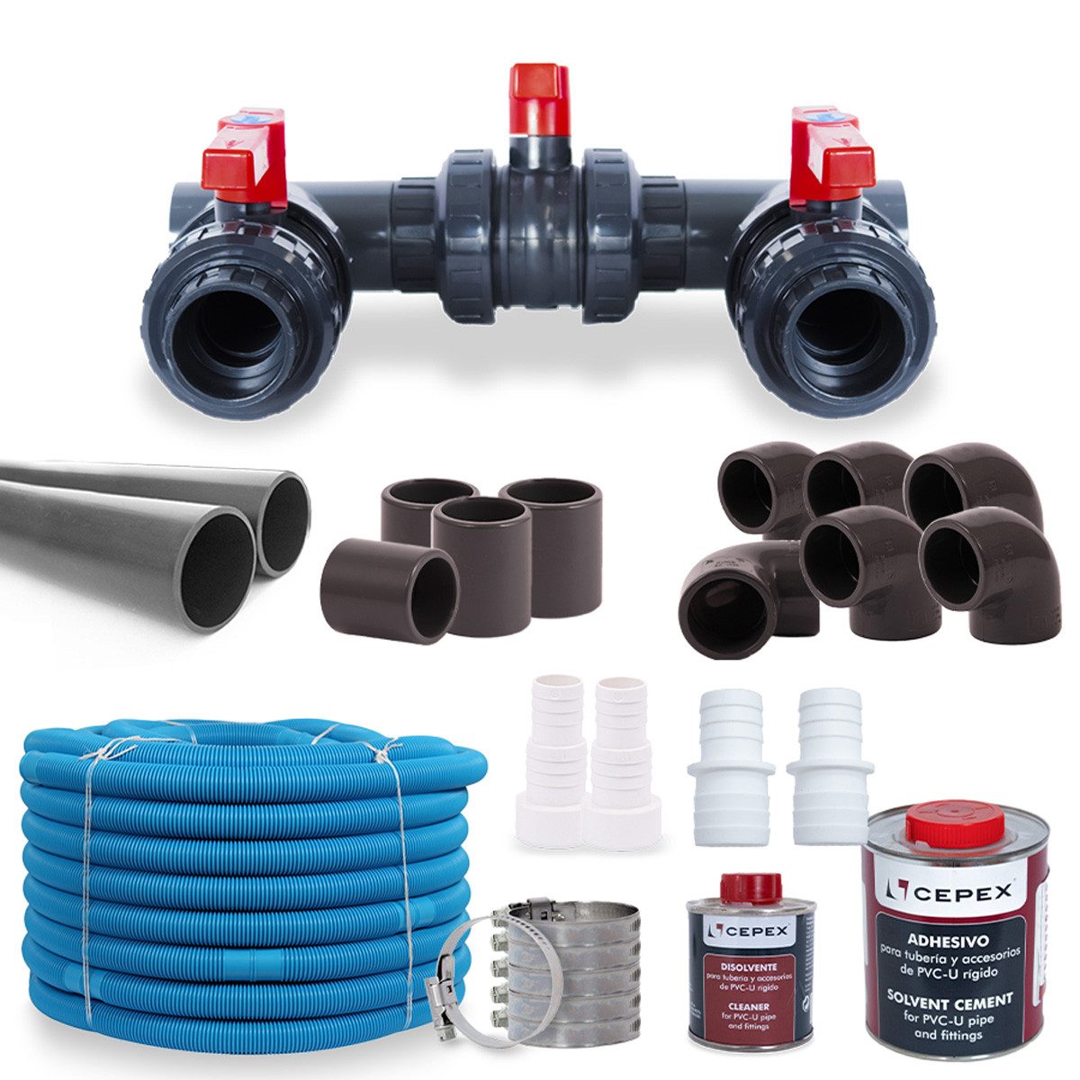 EVOLUTION Pool-Wärmepumpe Anschluss-Set Rohr auf Schlauch d 38 mm mit Bypass & Zubehör Pool