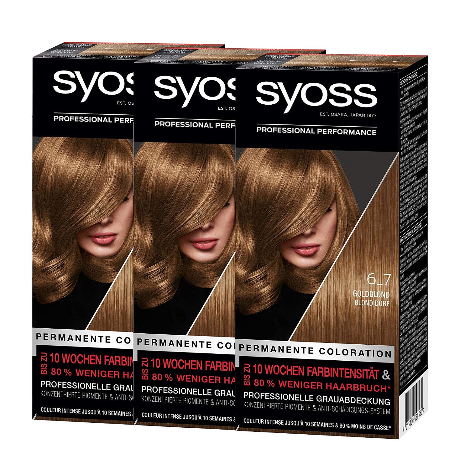 Syoss Haarfarbe 3 x SYOSS Permanente Coloration Haarfarbe 6_7 Goldblond je115ml 10 Wo, Tönung ...