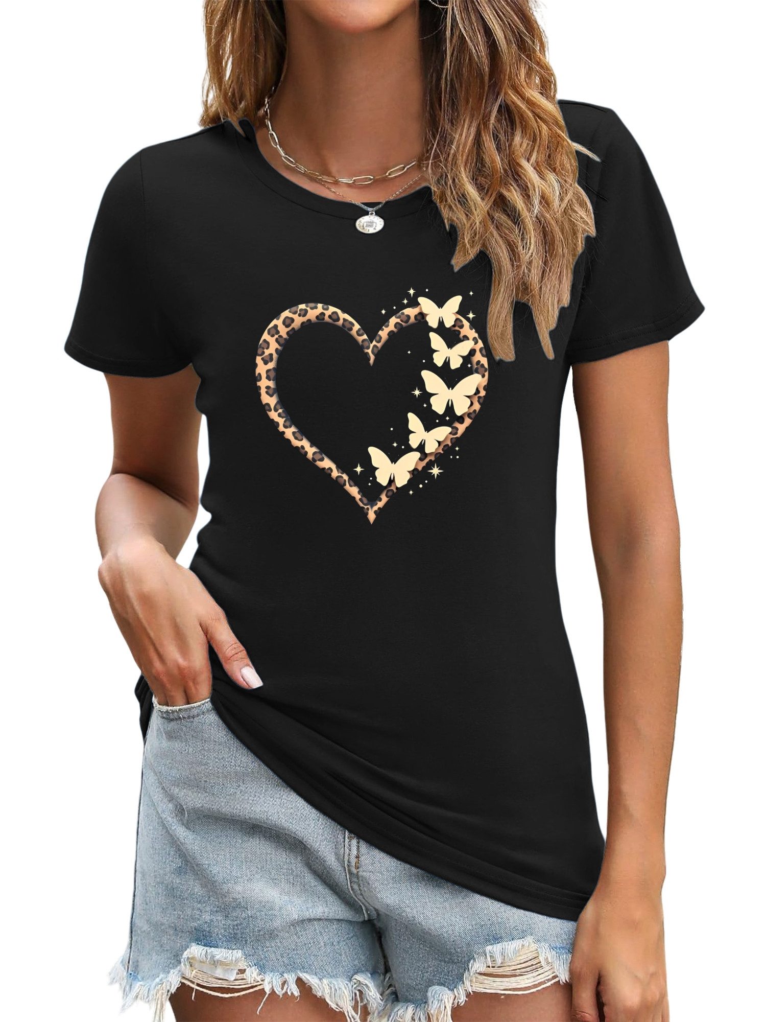 Pyl Rundhalsshirt Damen Bequemes Sommer Kurzarmbluse Slim Fit Liebe