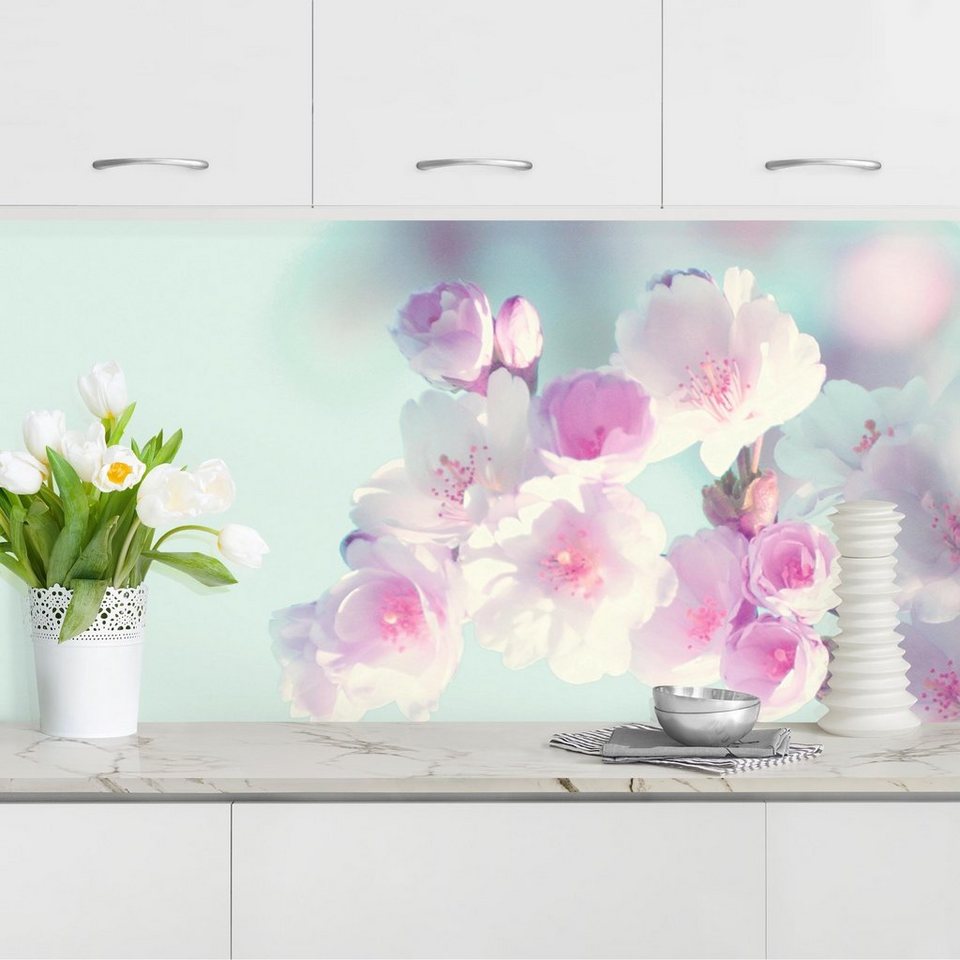 Bilderdepot24 Küchenrückwand Rosa Dekor Blumen Farbenfrohe Kirschblüten
