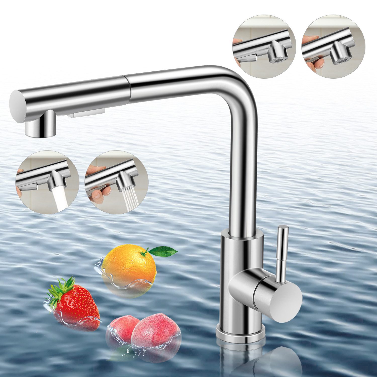 OULENBIYAR Küchenarmatur Niederdruck Wasserhahn Küche Ausziehbar, Edelstahl mit 2 Strahlarten ...