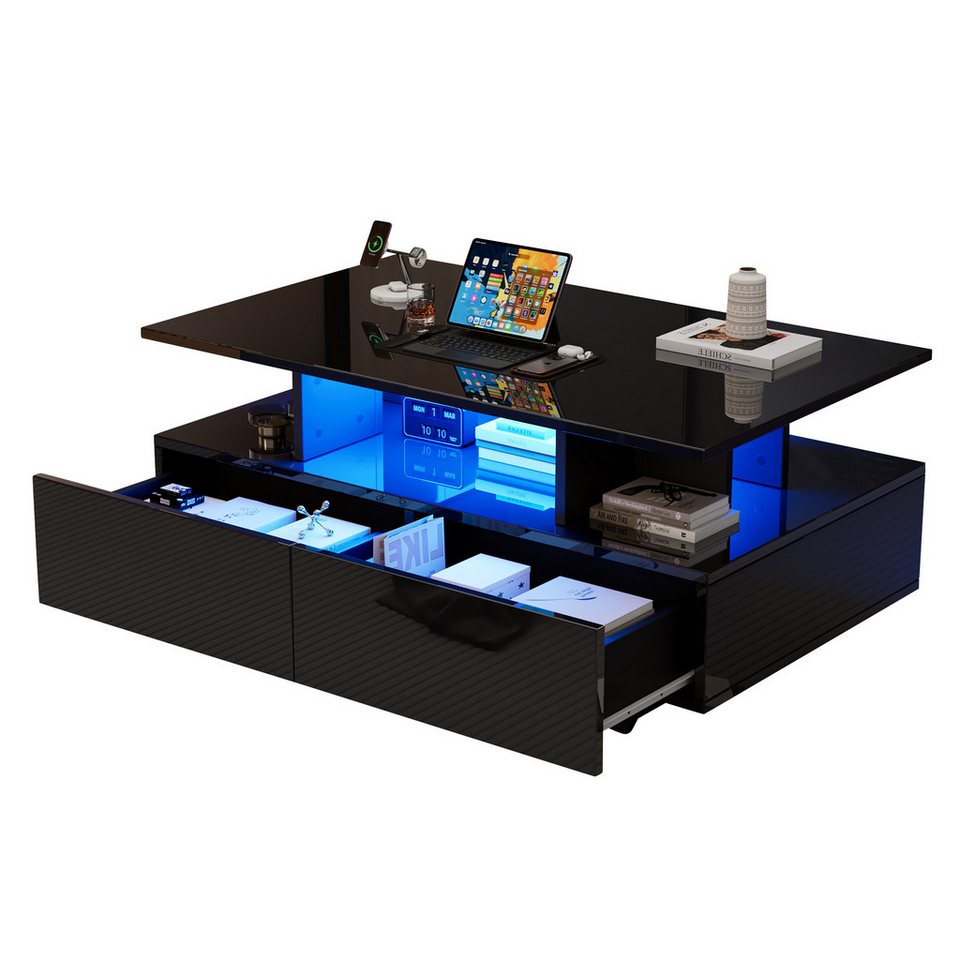 Merax Couchtisch Hochglanz Sofatisch Beistelltisch Mit Led Beleuchtung