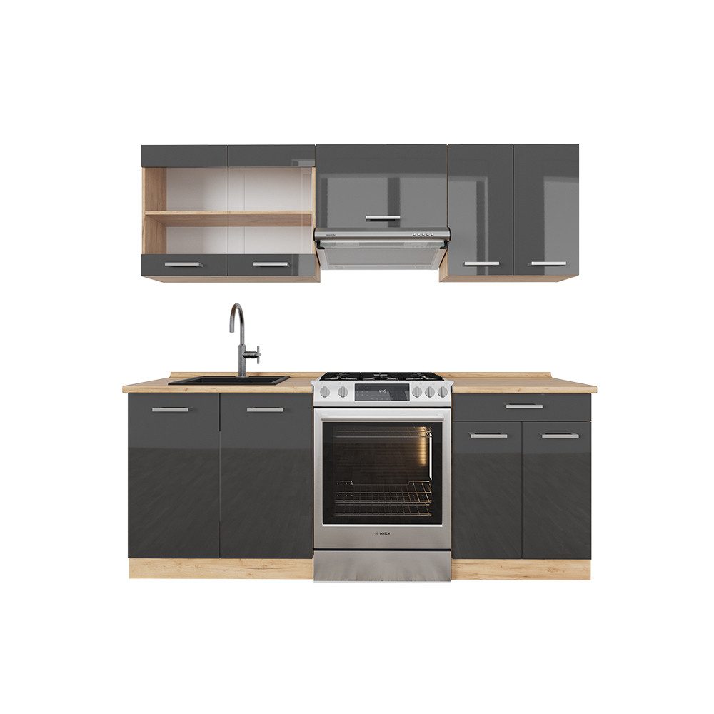 Vicco Küchenzeile R-Line, Sonoma/Goldkraft Eiche, 200 cm ohne Arbeitsplatte