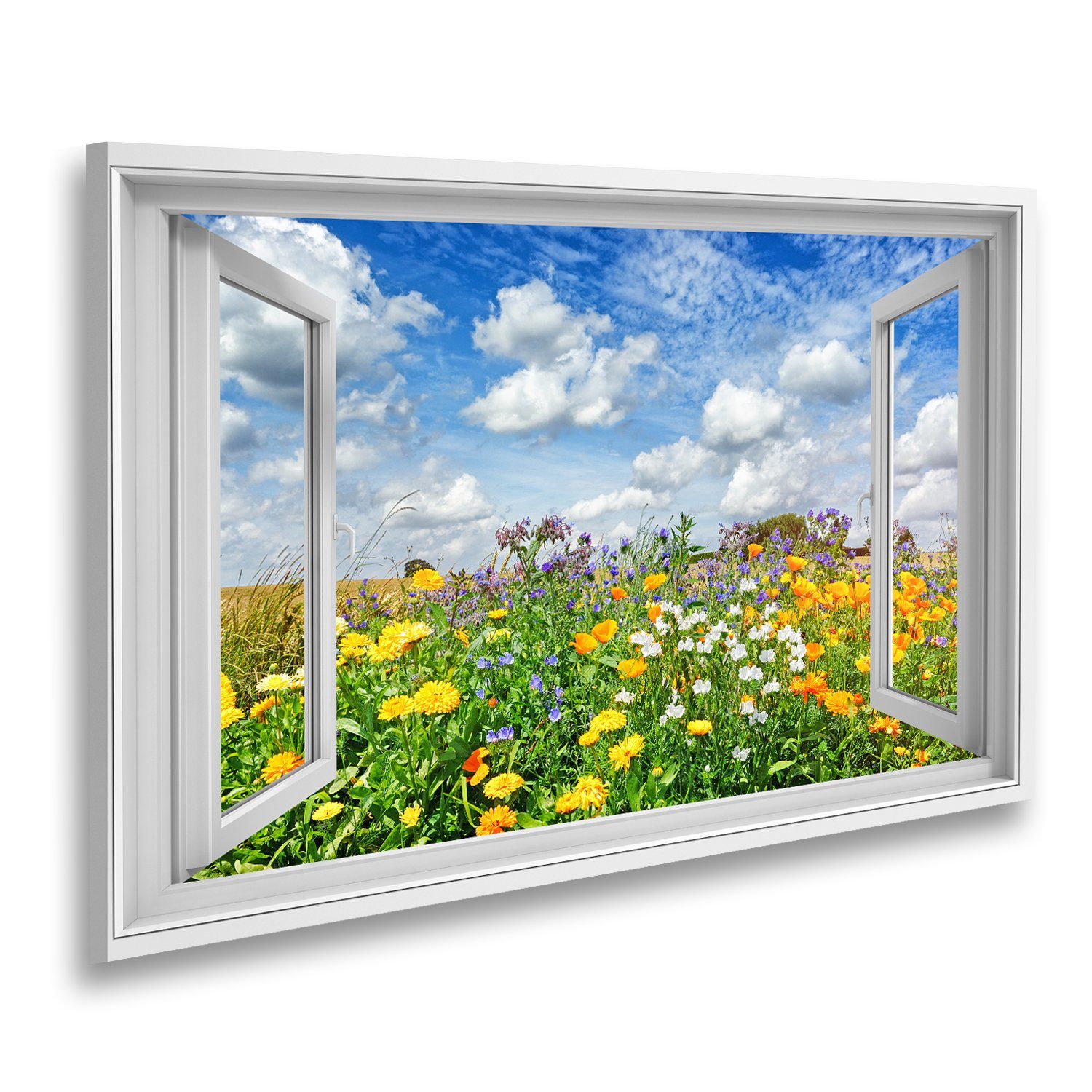 islandburner Leinwandbild Fensterblick Landschaft mit bunten Sommerblumen Sagenhafter Effekt Wan