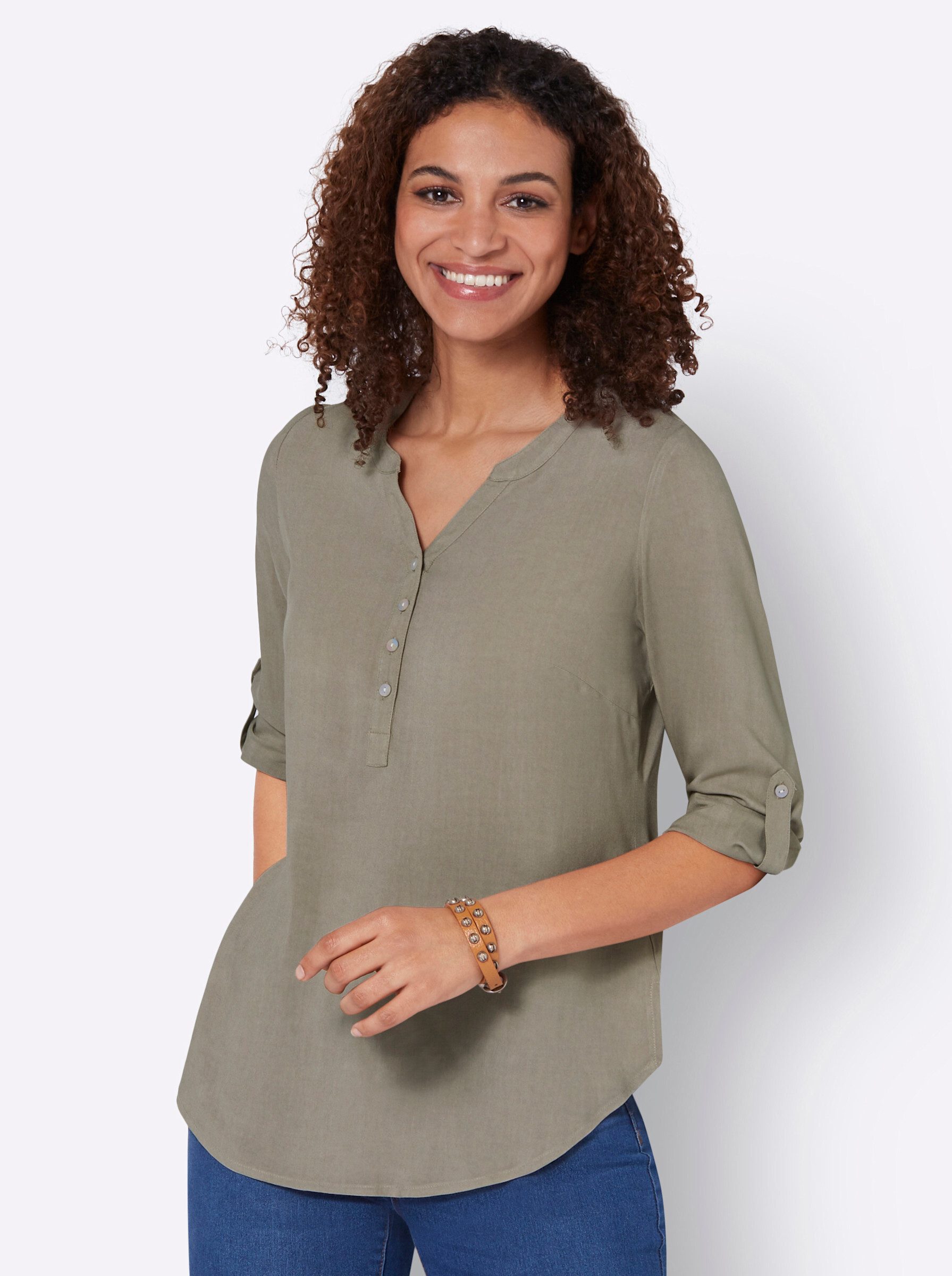 Witt Klassische Bluse Longbluse, Abgerundeter Saum mit Seitenschlitzen
