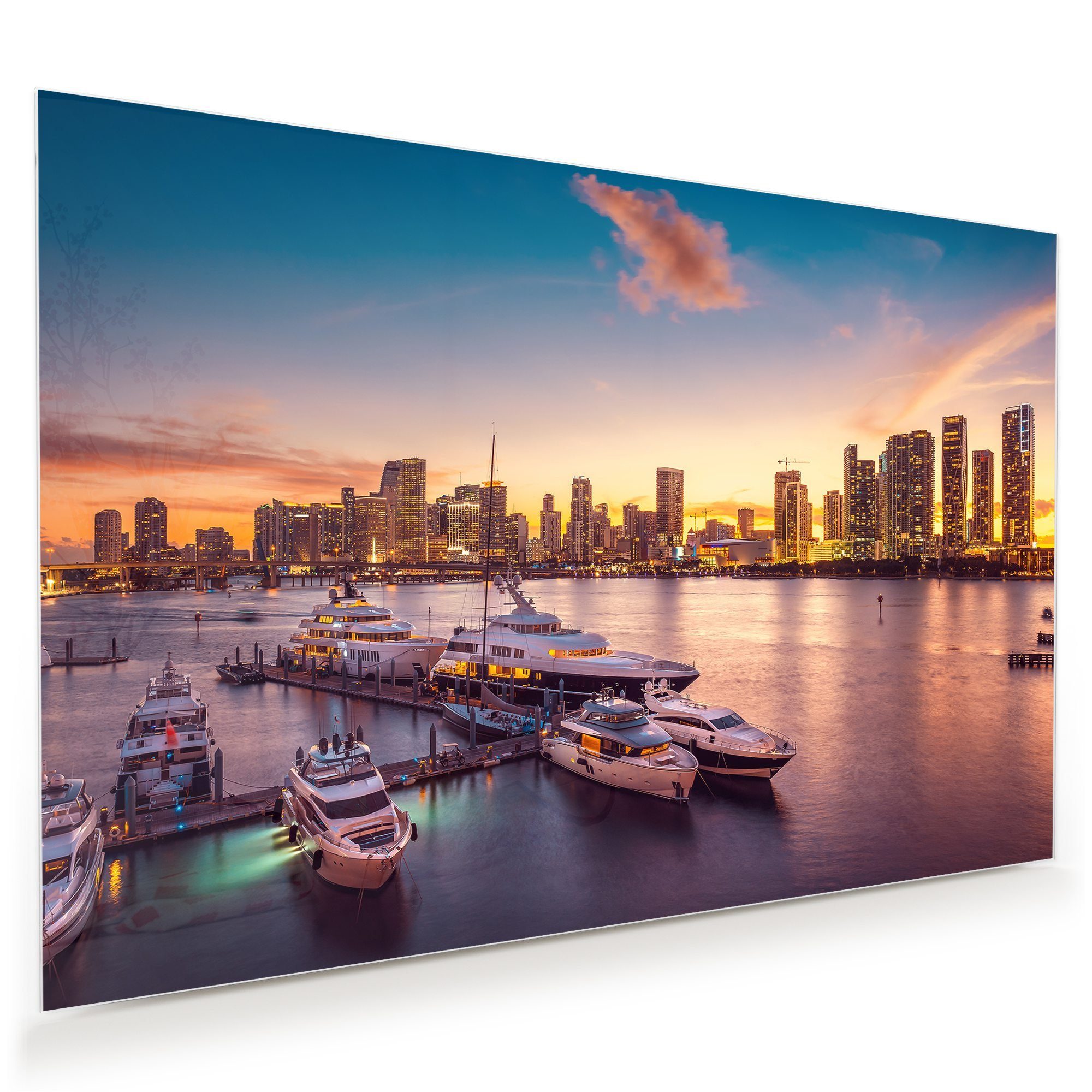 Primedeco Glasbild Wandbild Miami Skyline Sunset Mit Aufhängung