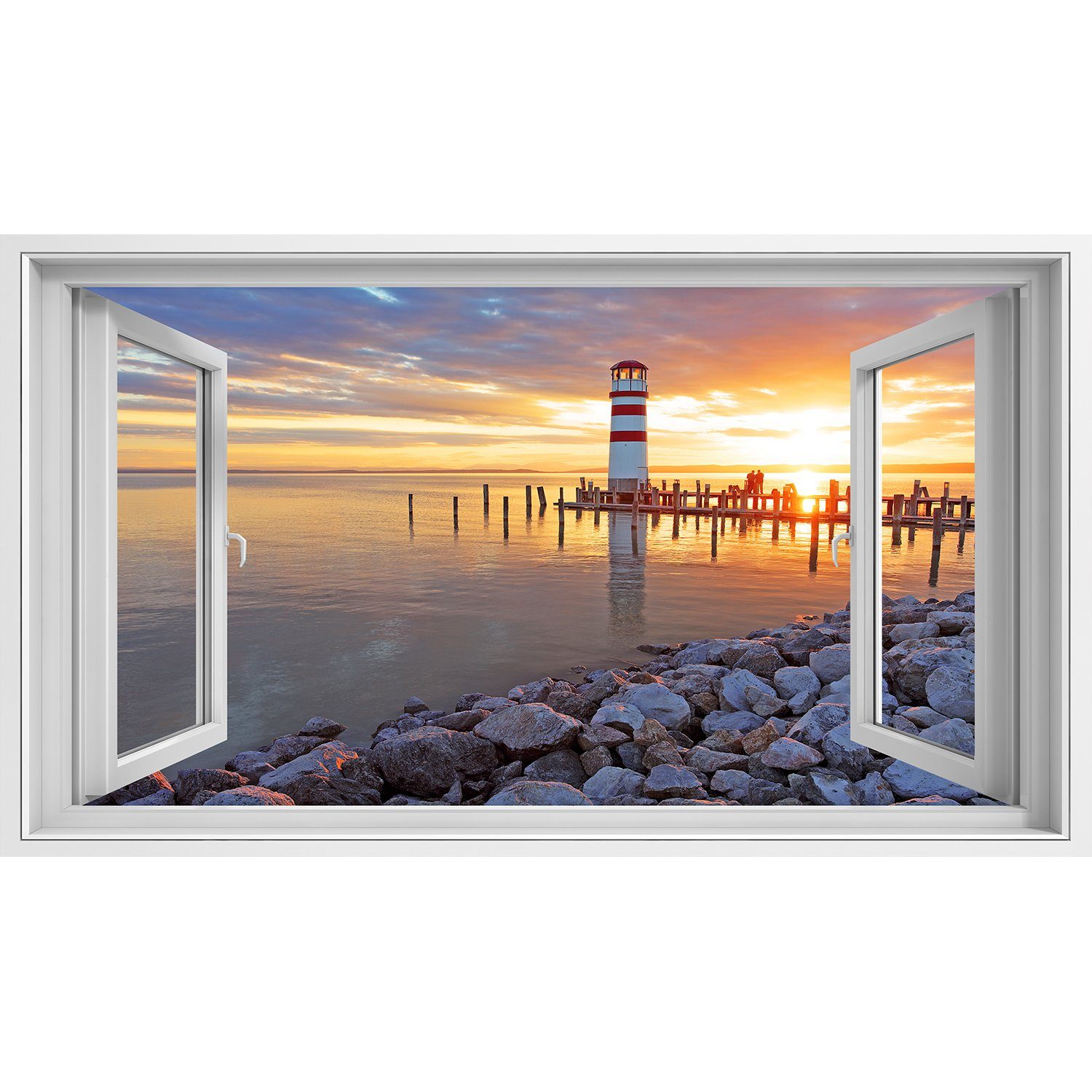 islandburner Leinwandbild Fensterblick Sonnenuntergang am Ozean mit Leuchtturm Sagenhafter Effek