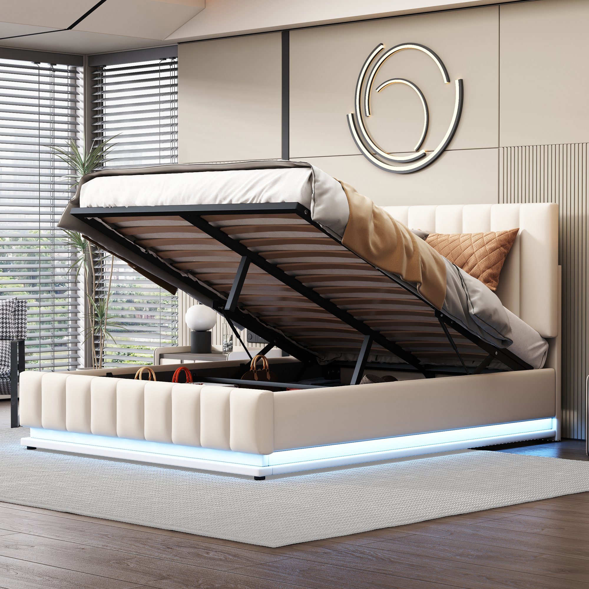 Sweiko Polsterbett Stauraumbett Doppelbett Mit Led Beleuchtung Und