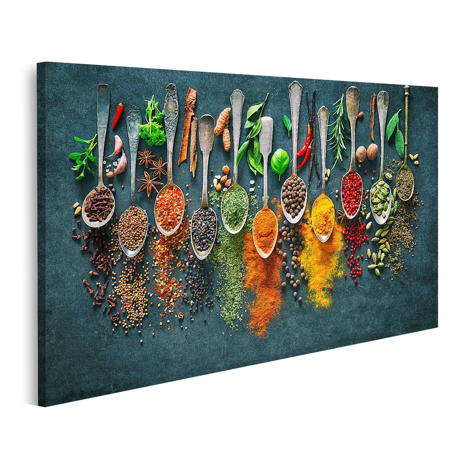 islandburner Leinwandbild »Bild auf Leinwand Bunte Verschiedene Kräuter Gewürze Kochen Dunkler Hi«