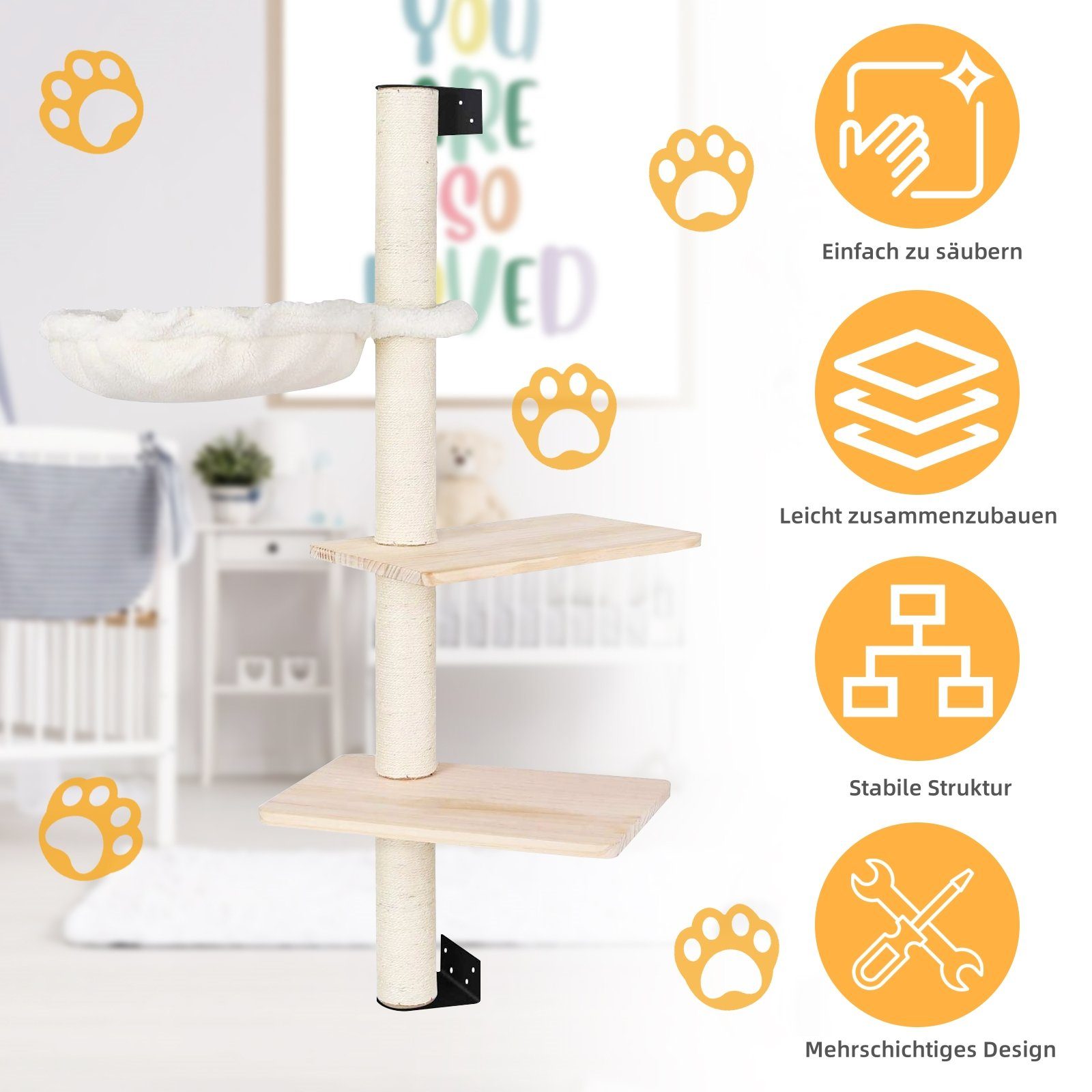 TLGREEN Katzen-Kletterwand Kratzbaum Wandmontage 104 cm, Wandkratzbäume