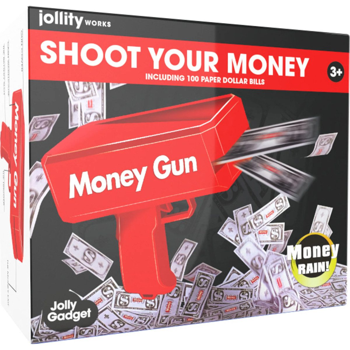Jollity Spielgeld Money-Gun Geldpistole mit 100 Scheinen