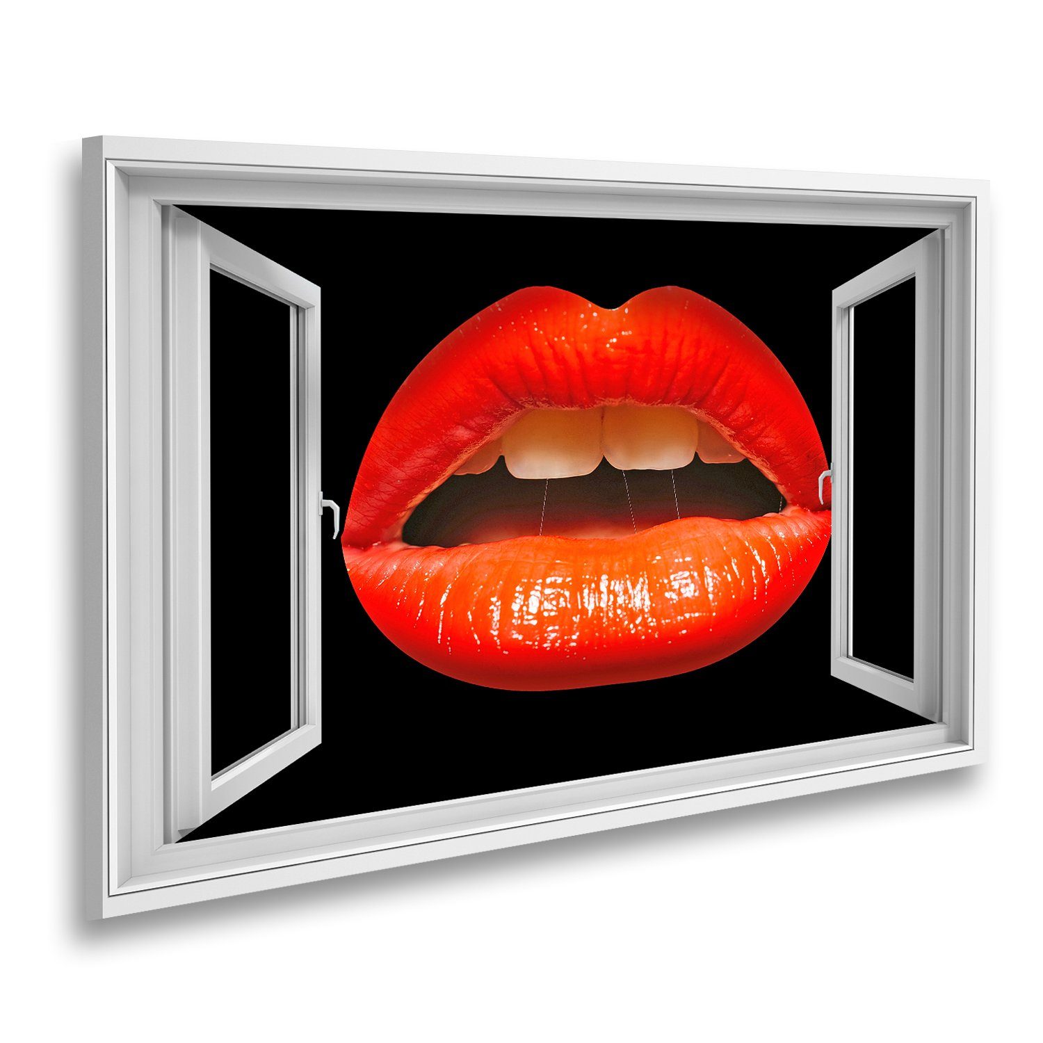 islandburner Leinwandbild Fensterblick Weiblicher offener Mund mit roten sexy Lippen und weißen