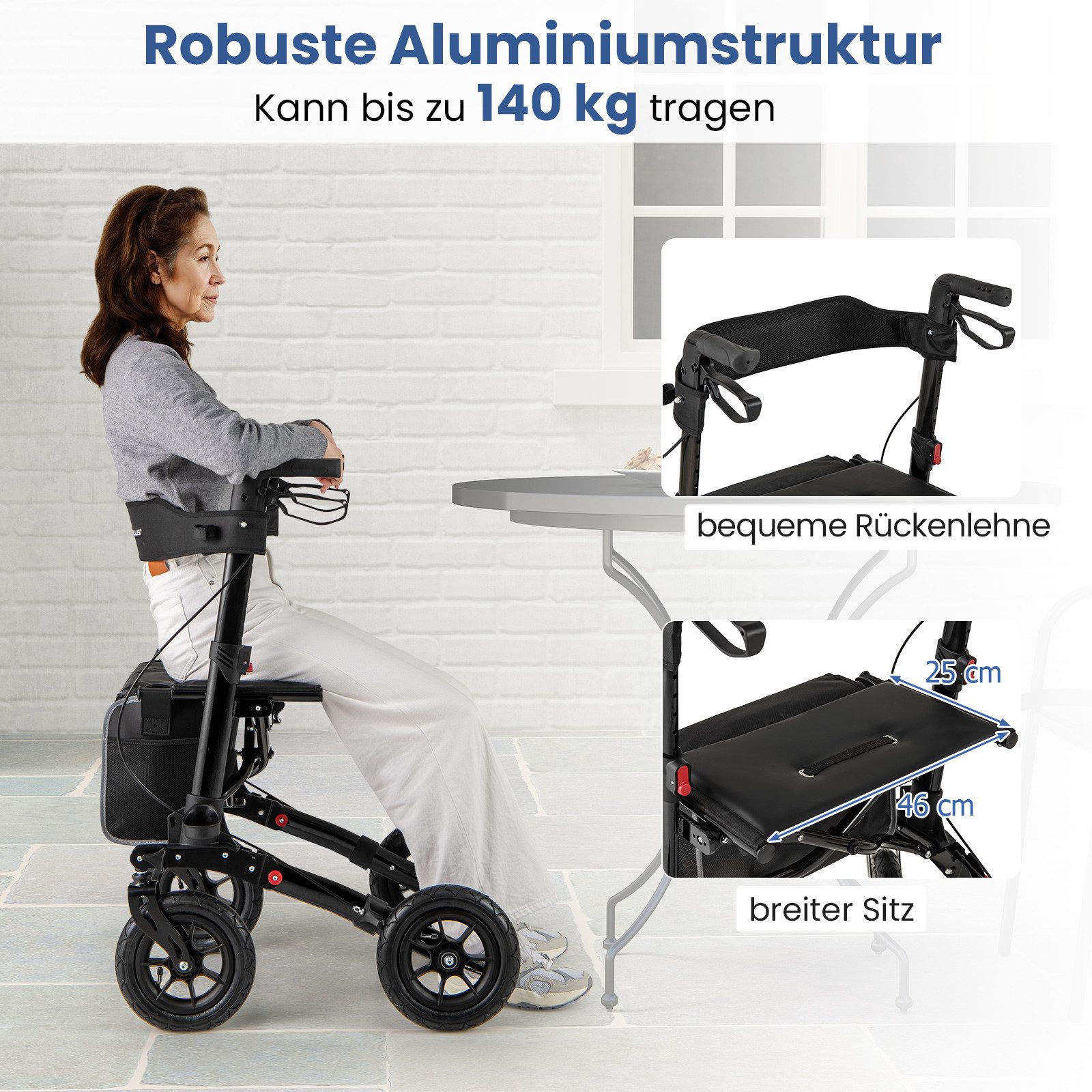 COSTWAY Rollator, Gehhilfe mit Luftbereifung, Aluminium, bis 140 kg