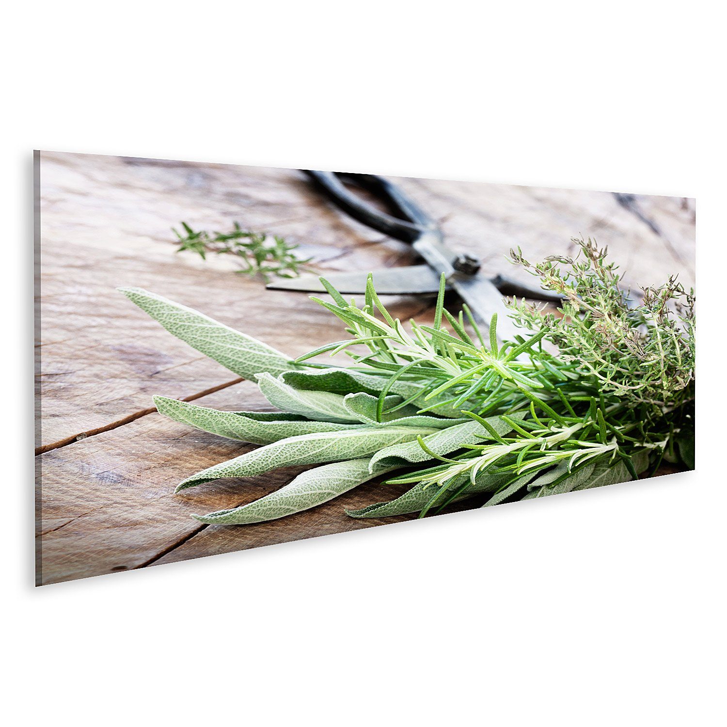 islandburner Leinwandbild »Bild auf Leinwand Frisch Geerntete Kräuter Mit Alten Antiken Schere Au«