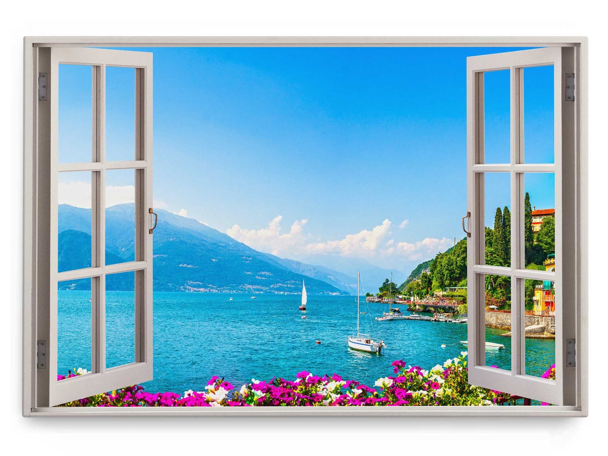 Sinus Art Leinwandbild Wandbild 120x80cm Fensterbild Alpensee Berge See Natur Blau Segelboote ...