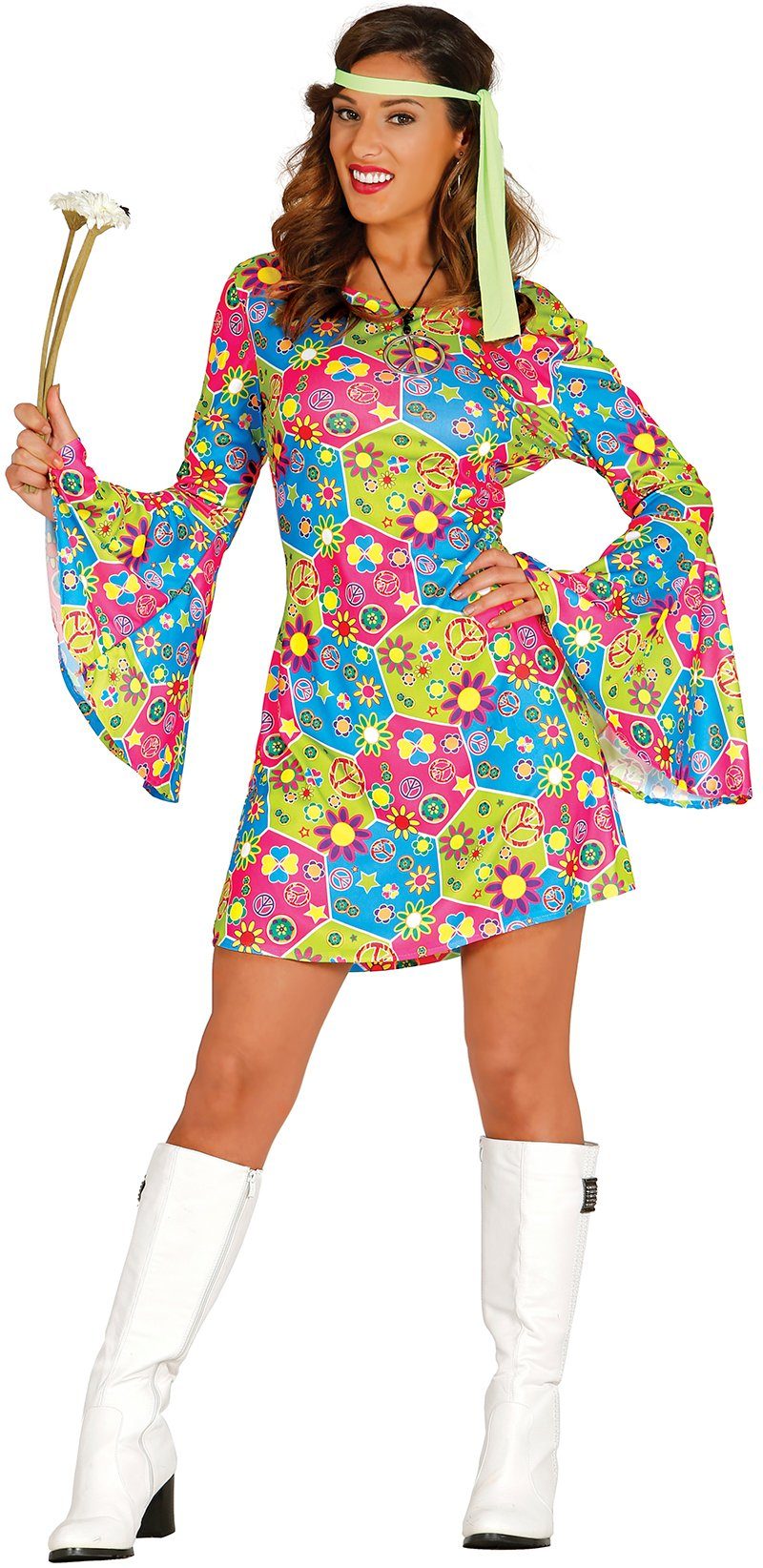 Fiestas Guirca Kostüm, Blumenkraft Hippie Damenkleid mit Stirnband ...