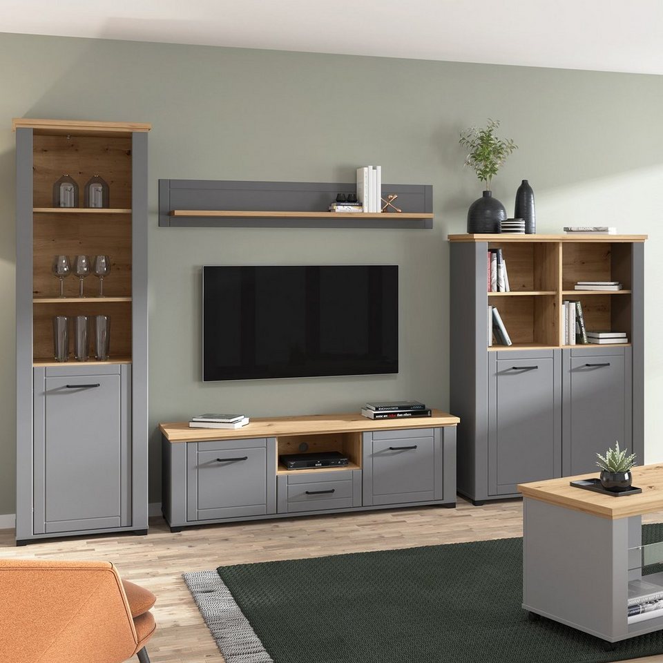 Homestyle4u Wohnwand Schrankwand Anbauwand Wohnzimmer Set Grau Braun