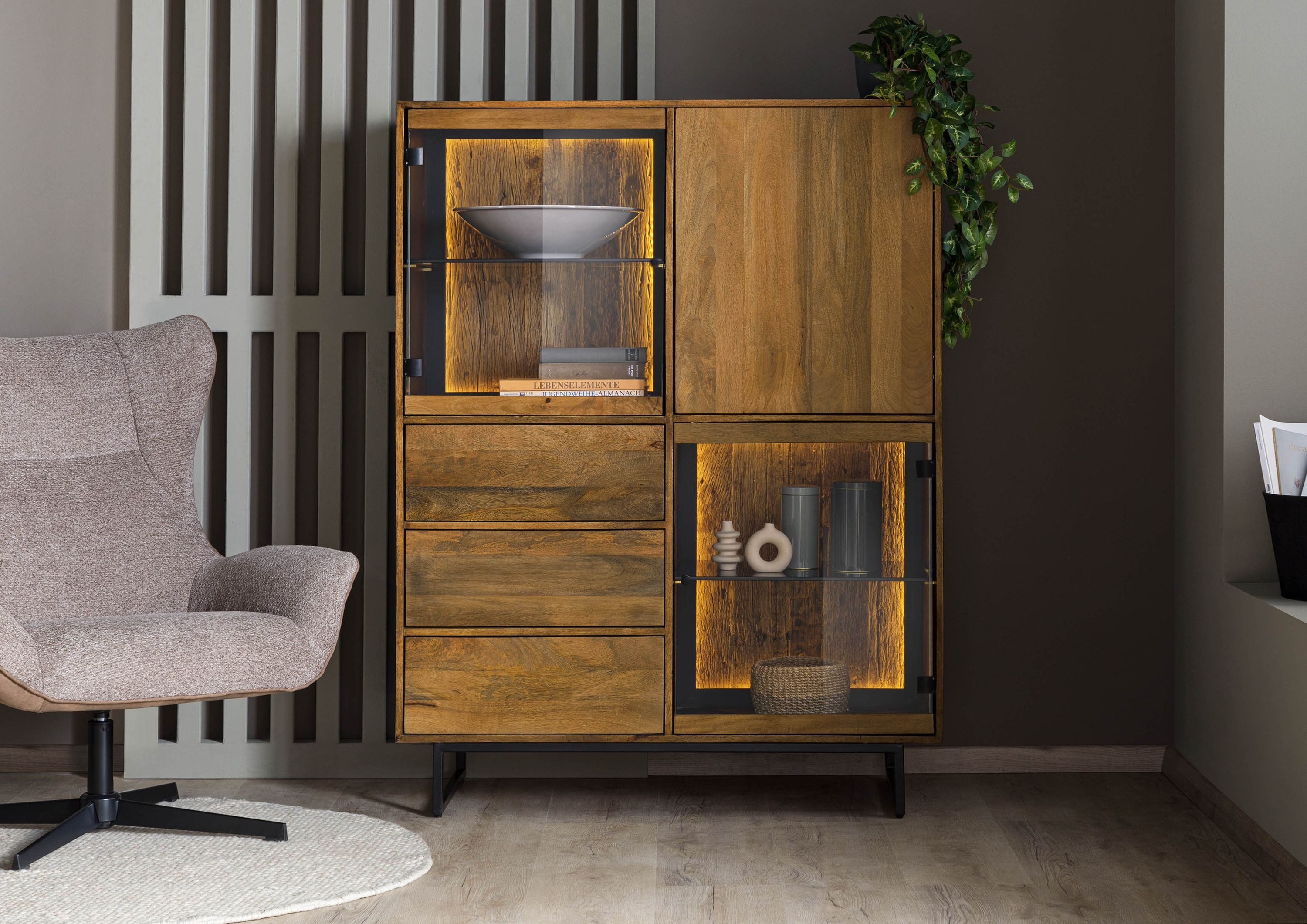 Massivmoebel24 Highboard Mango Altholz 111x47x145 Schwarz Natur