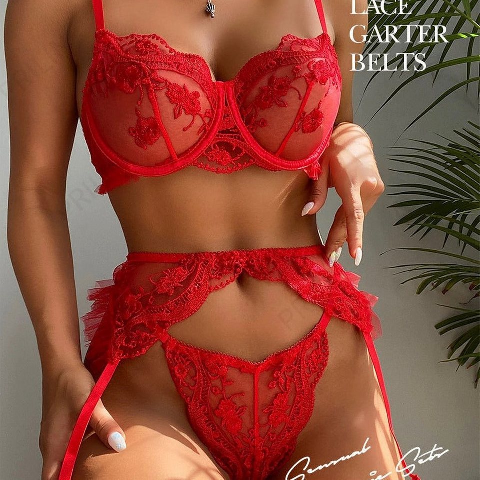 Aukuu Set Corsage Bh Set Sexy Dessous Sexy Damen Spitze Lang Rot