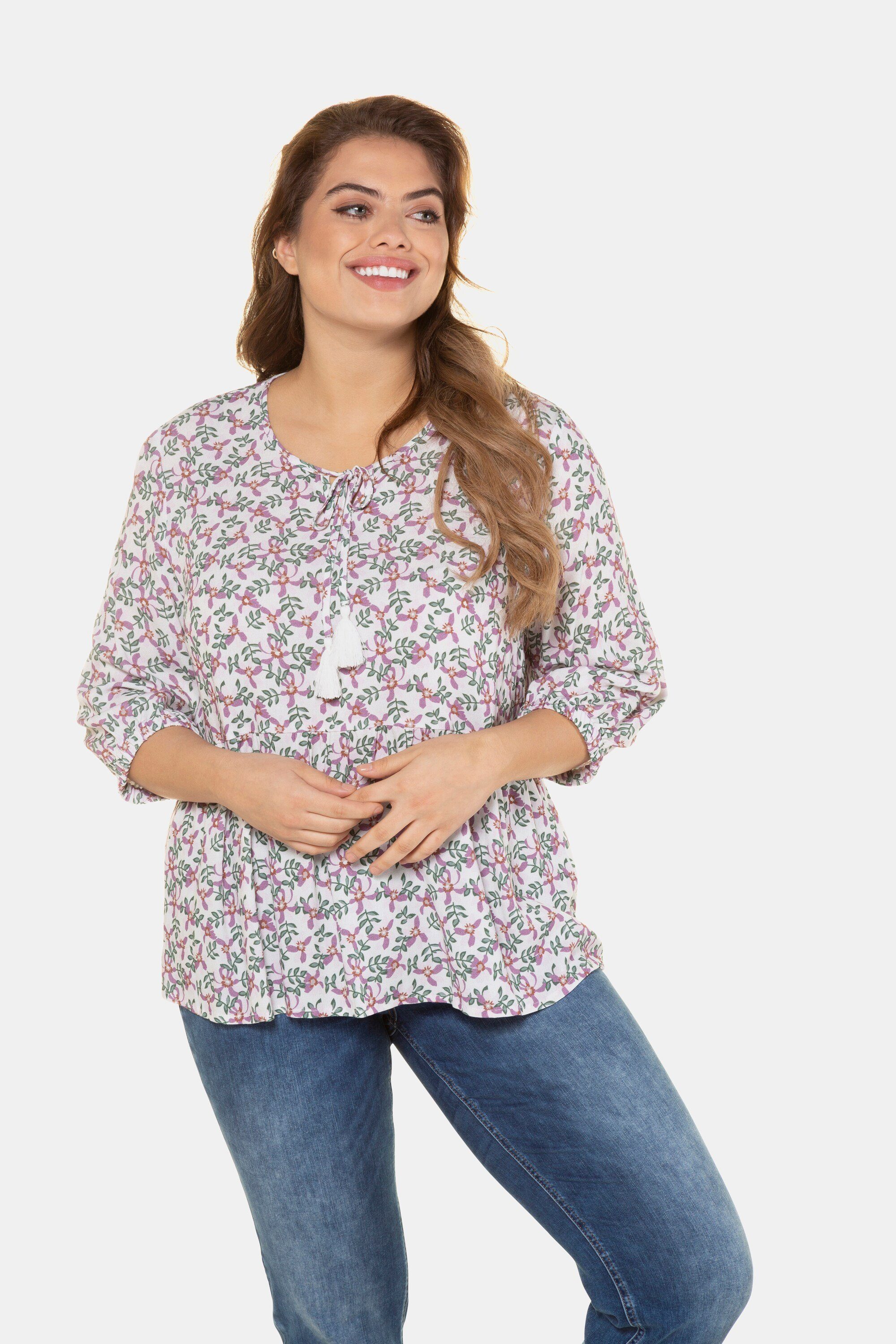 Ulla Popken Longbluse Tunika Geblümt Quastenband 34 Arm Quernaht