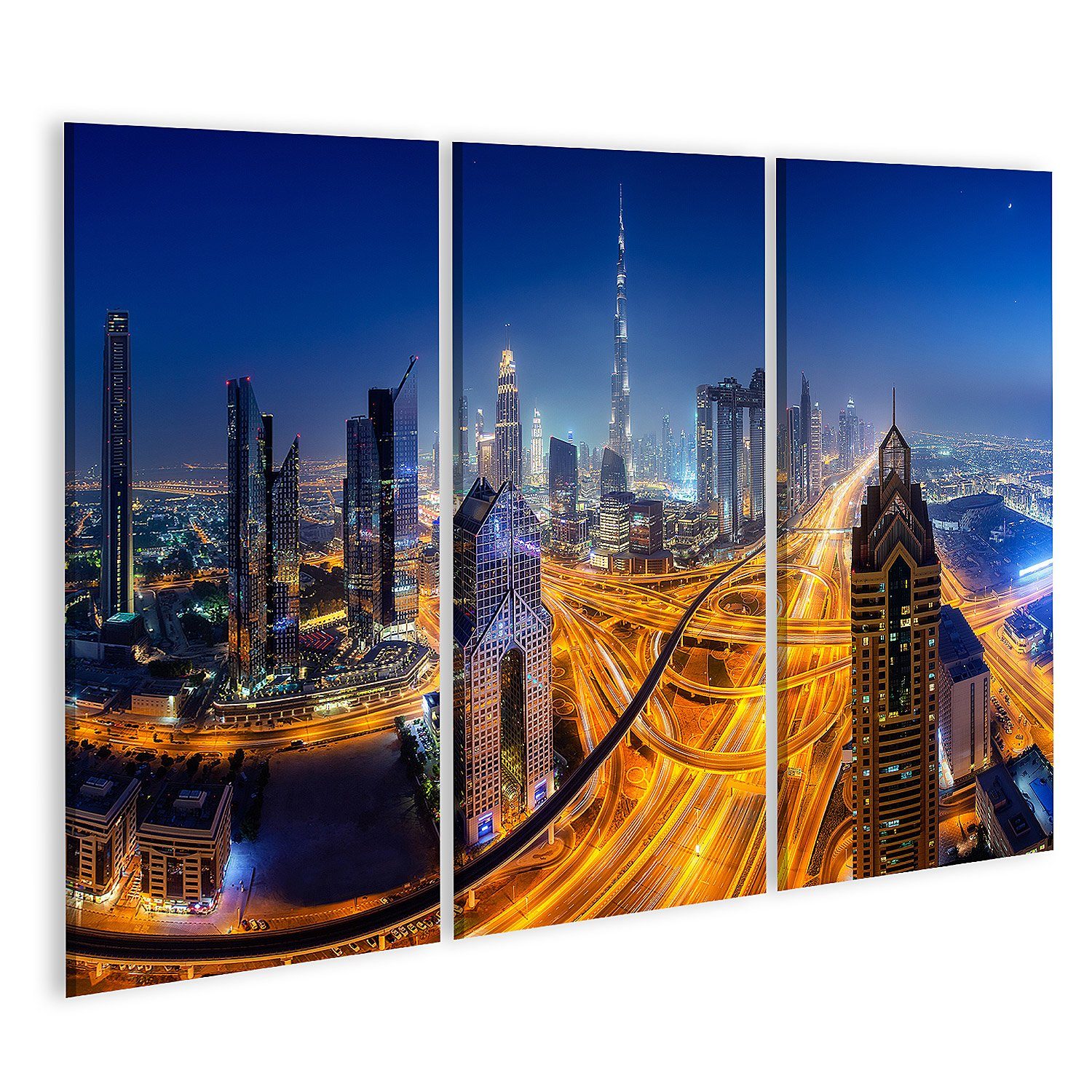 islandburner Leinwandbild Bild auf Leinwand Dubai Skyline Nacht Panoramablick Wandbild Poster ...