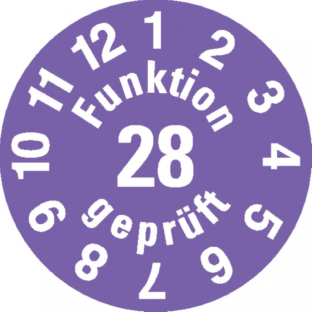 Dreifke Hinweisschild Prüfplakette Funktion gepr.28, violett, Folie, selbstkl., Ø 15mm, 60 S