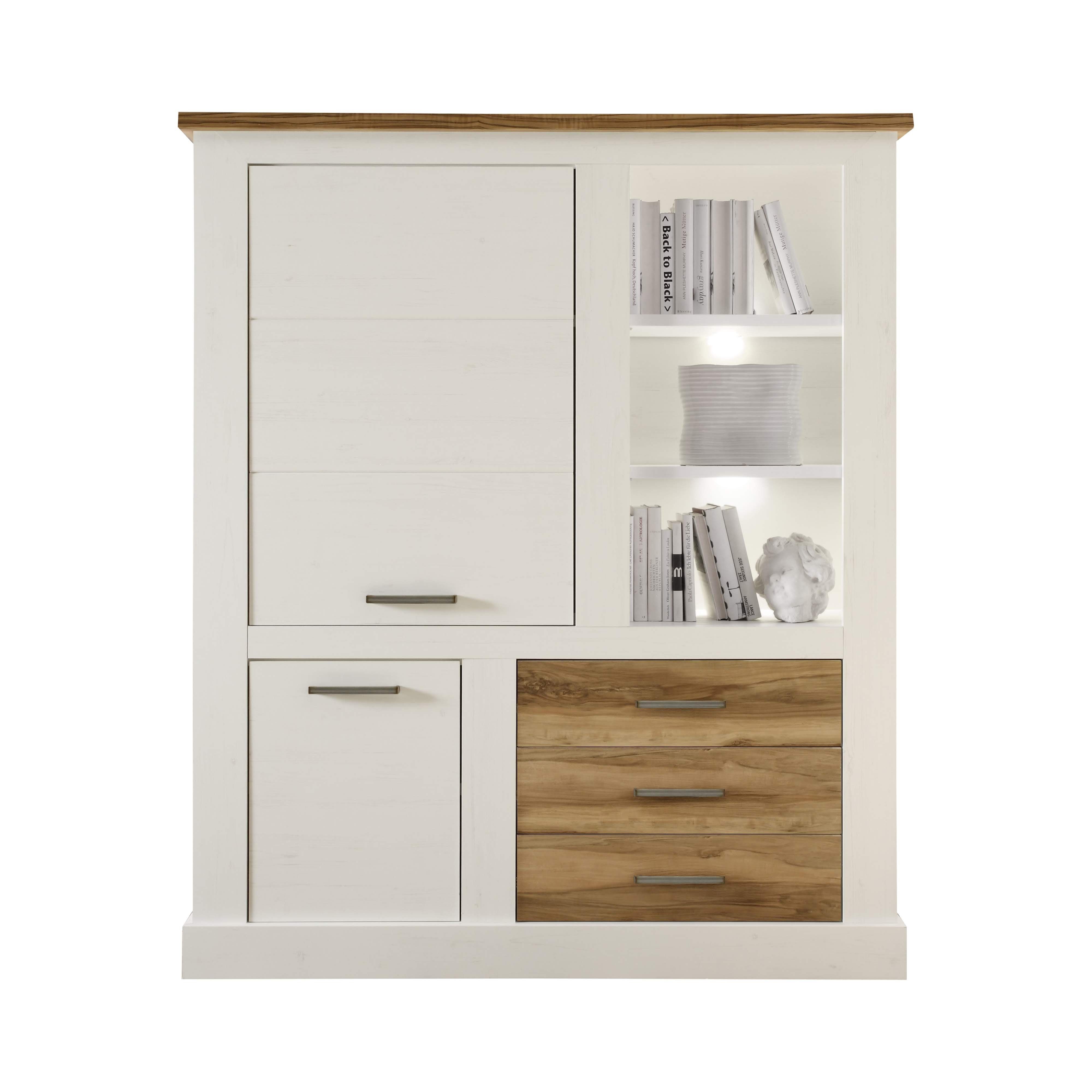 Stylefy Highboard Deli I Pinie Weiß Satin Nussbaum