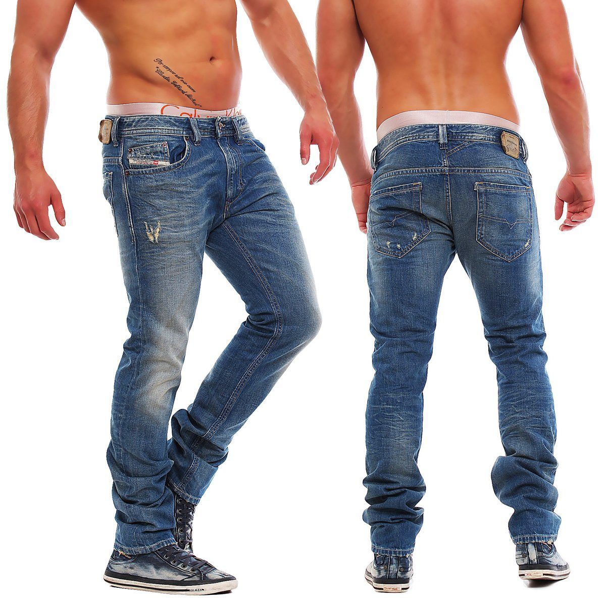 Diesel Slim fit Jeans Herren Thavar 0806P Blau Rohrenjeans Vintage Dirty Used Look ohne Stretch Anteil GroBe W27 L34