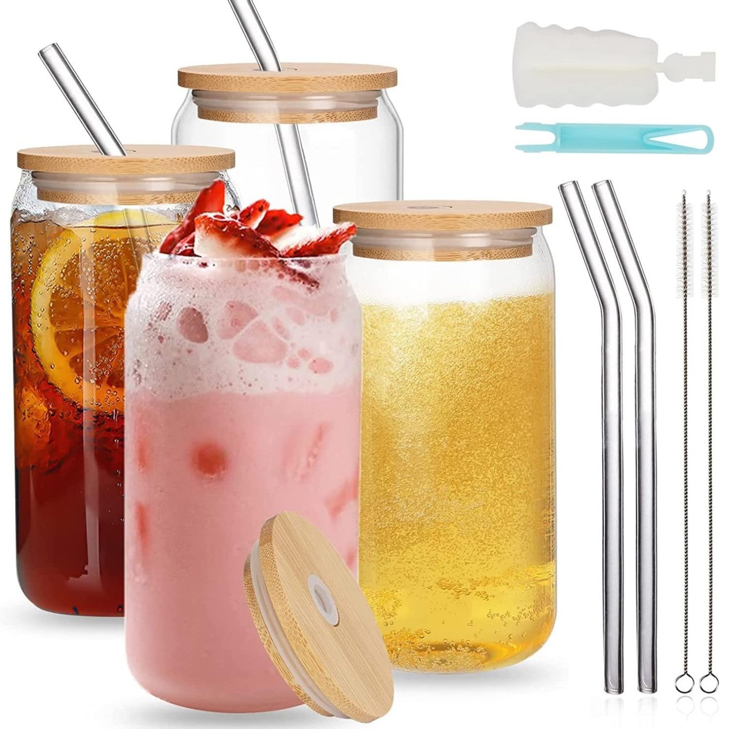 LuxusKollektion Longdrinkglas XL Cocktailgläser mit Deckel und Glasstrohalme 550ml 4x Set