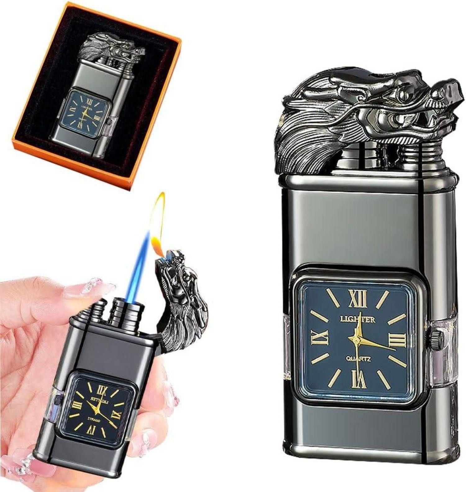 LuxusKollektion Feuerzeug Feuerzeug mit Uhr Sturmfeuerzeug Gas Nachfüllbar Winddicht Jetflamme