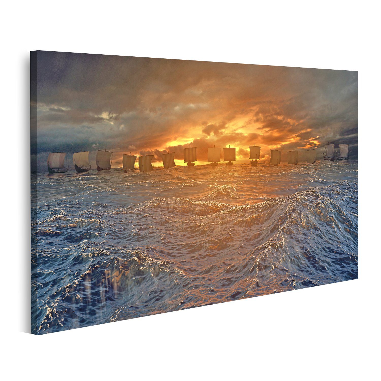 islandburner Leinwandbild Bild auf Leinwand Wikinger Schiffe Unter Sturm Horizont Stürmischen Oz