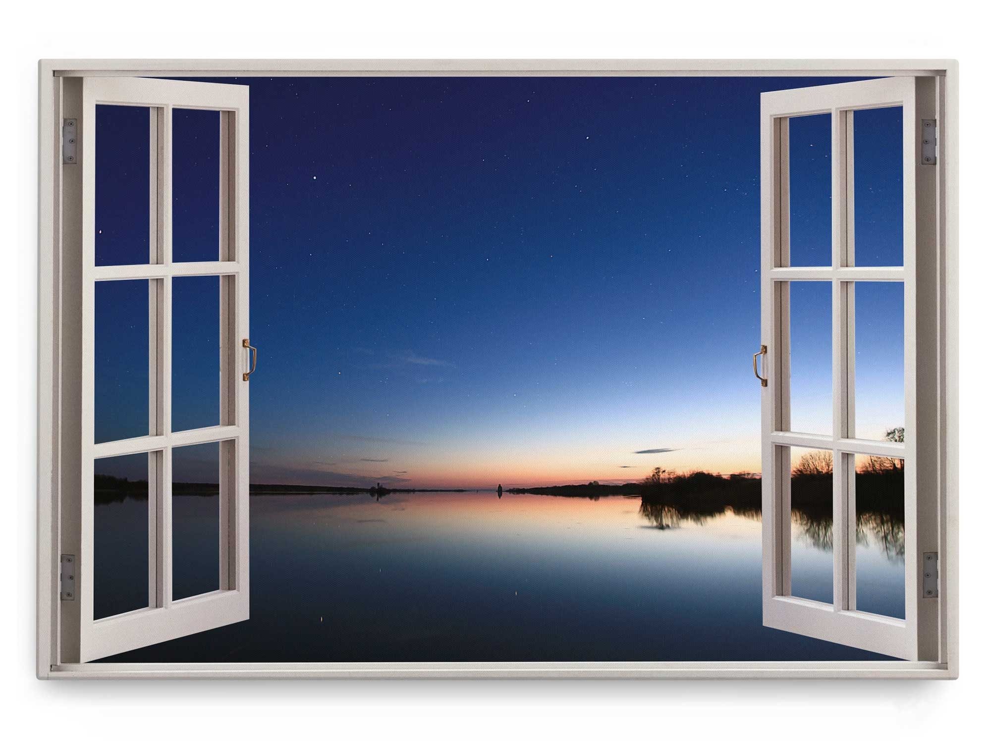 Sinus Art Leinwandbild Wandbild 120x80cm Fensterbild See bei Nacht Natur Sterne Sternenhimmel ...