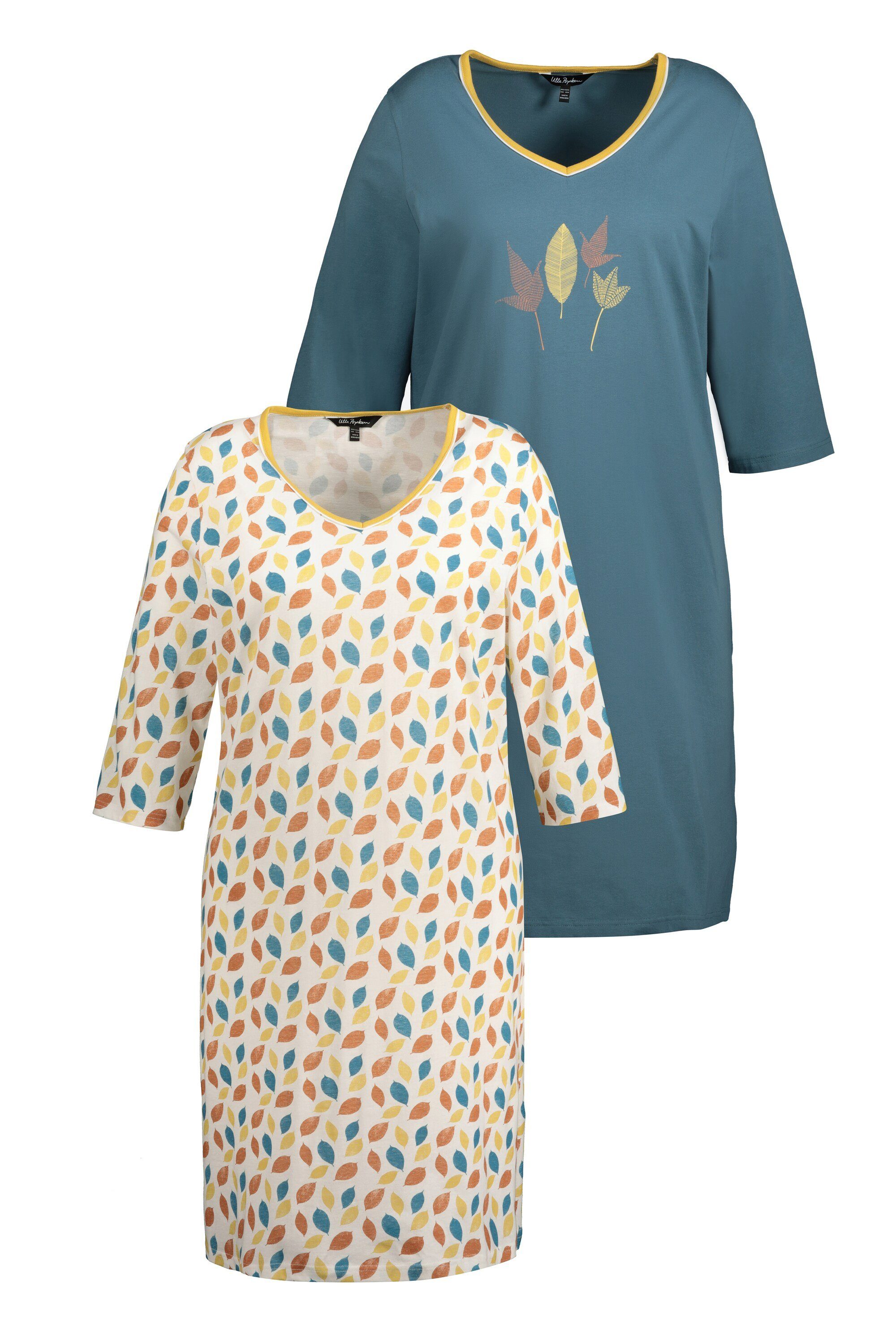 Ulla Popken Bigshirt Bigshirts 2er Pack Blätter V Ausschnitt Langarm
