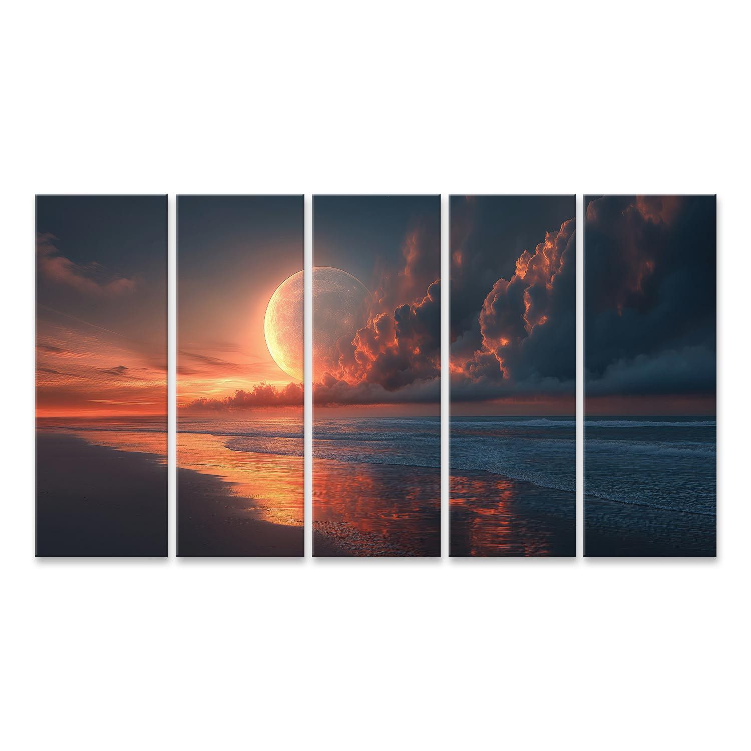 islandburner Leinwandbild Mondaufgang am Strand bei Sonnenuntergang mit dramatischen Wolken