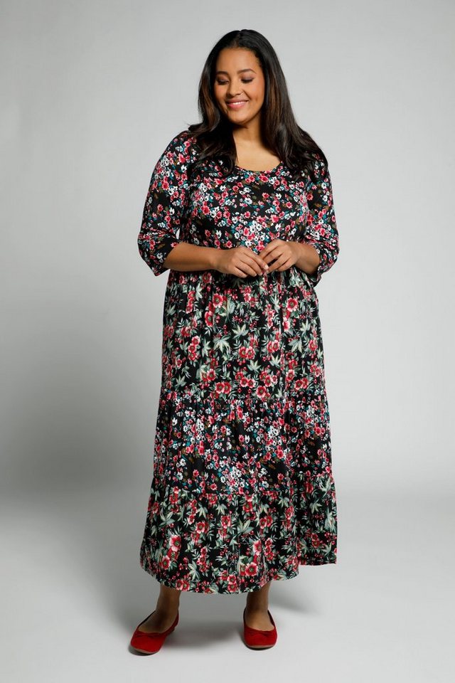 Ulla Popken Jerseykleid Maxikleid Blumen Prinzessnaht Rundhals 3 4 Arm
