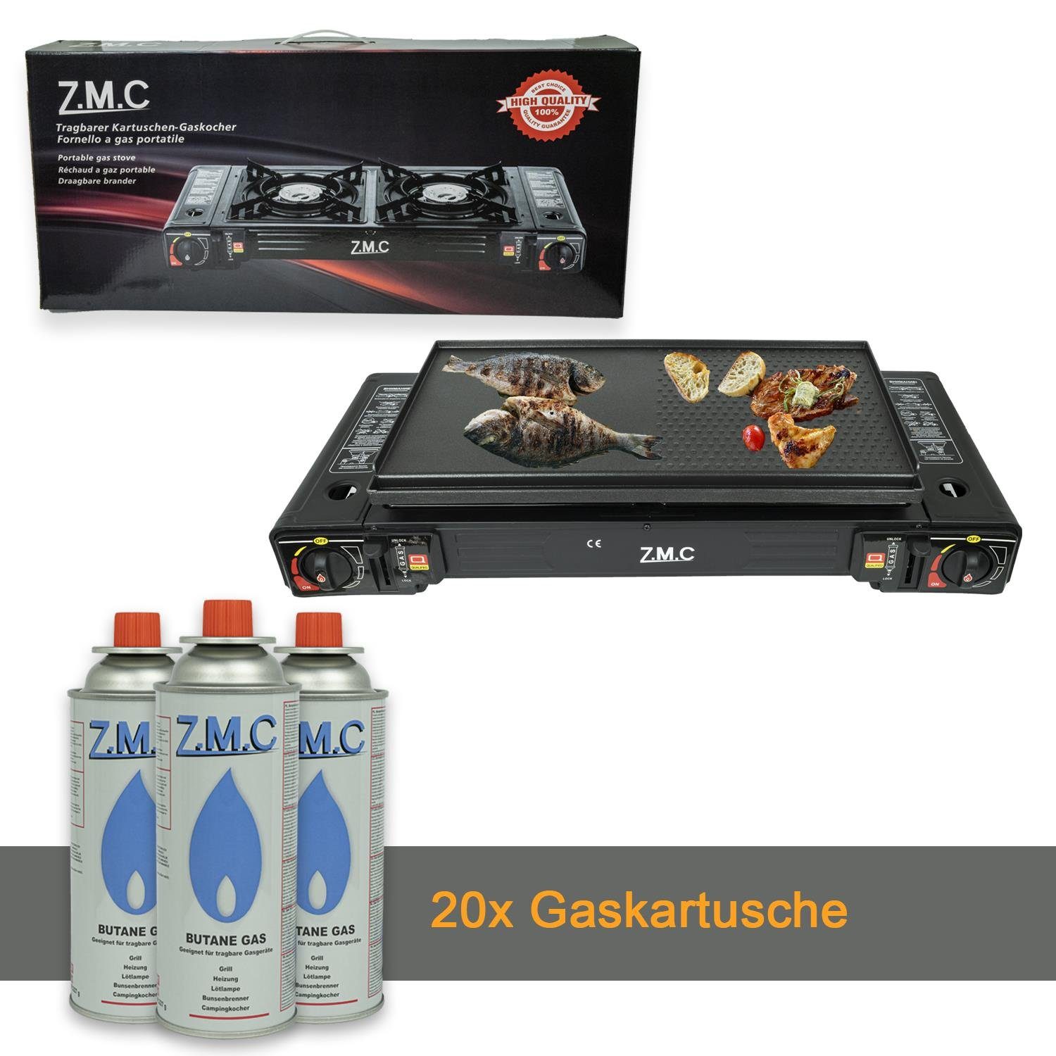 ZMC Gaskocher 2in1 Campingkocher mit Grillplatte 2 Flammig + 20x Gaskartuschen 227g, (mit ...