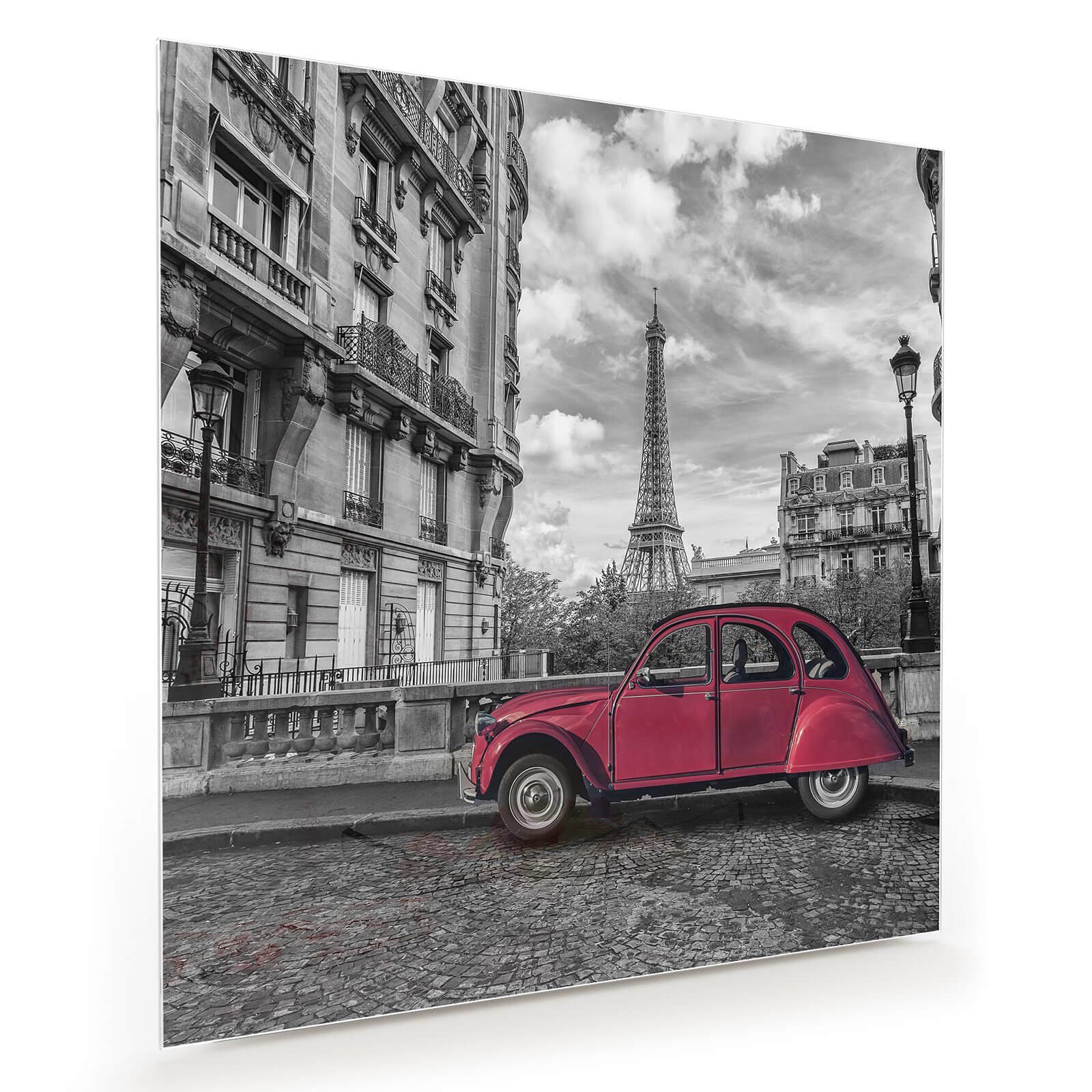 Primedeco Glasbild Wandbild Quadratisch Eiffelturm And Retro Auto Mit