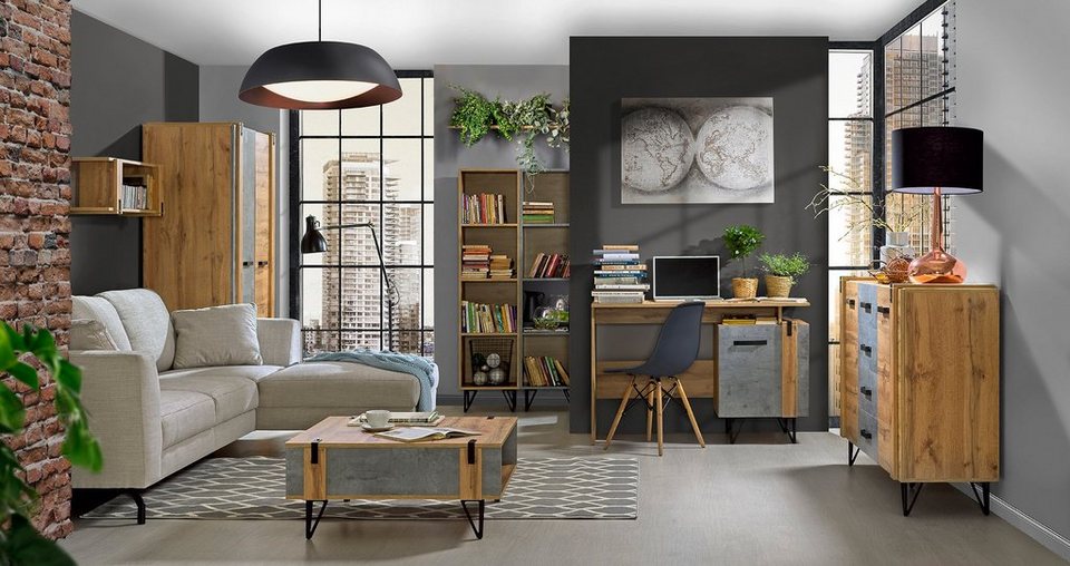 Stylefy Wohnwand Loffer Wotan Eiche Beton Set 7 St Wohnmöbel 7