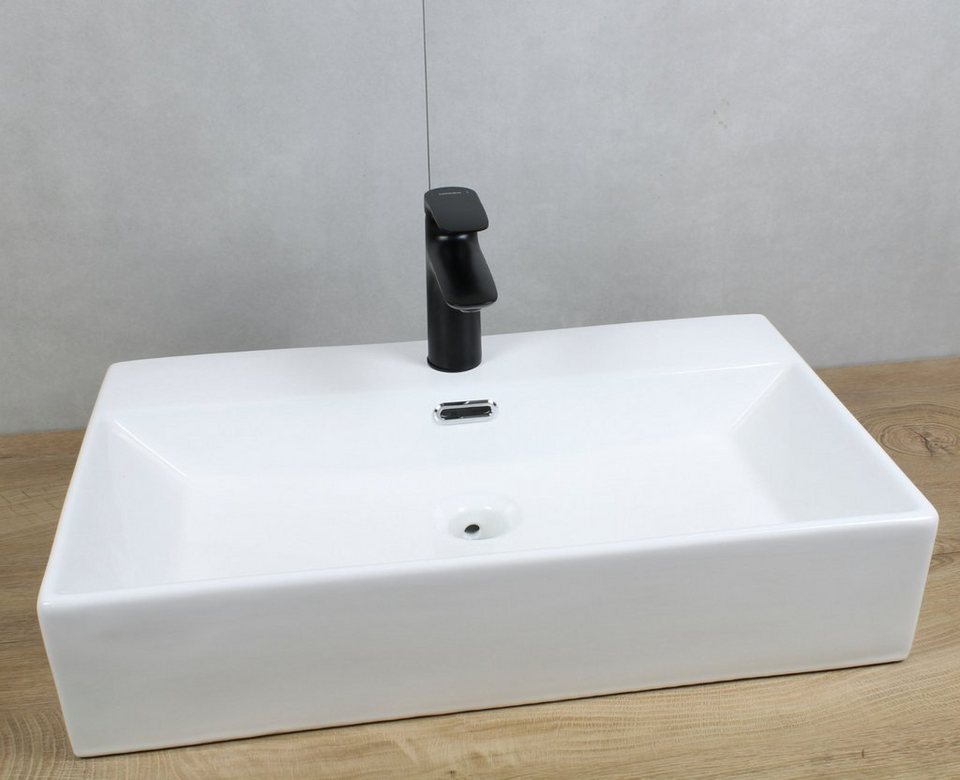 Hago Aufsatzwaschbecken Keramik Waschbecken Eckig 600x360x130 Weiß Mit