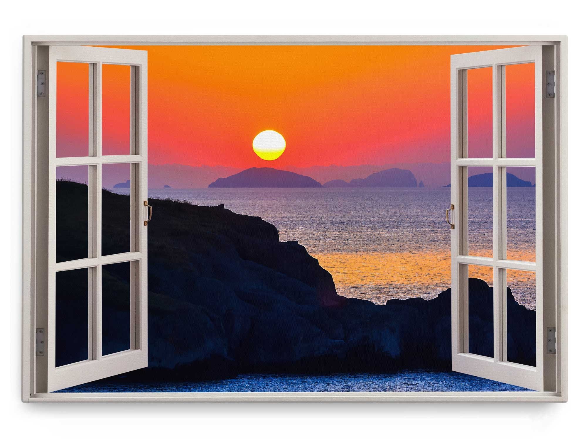 Sinus Art Leinwandbild Wandbild 120x80cm Fensterbild Sonnenuntergang Meer Horizont Felsen Rot ...