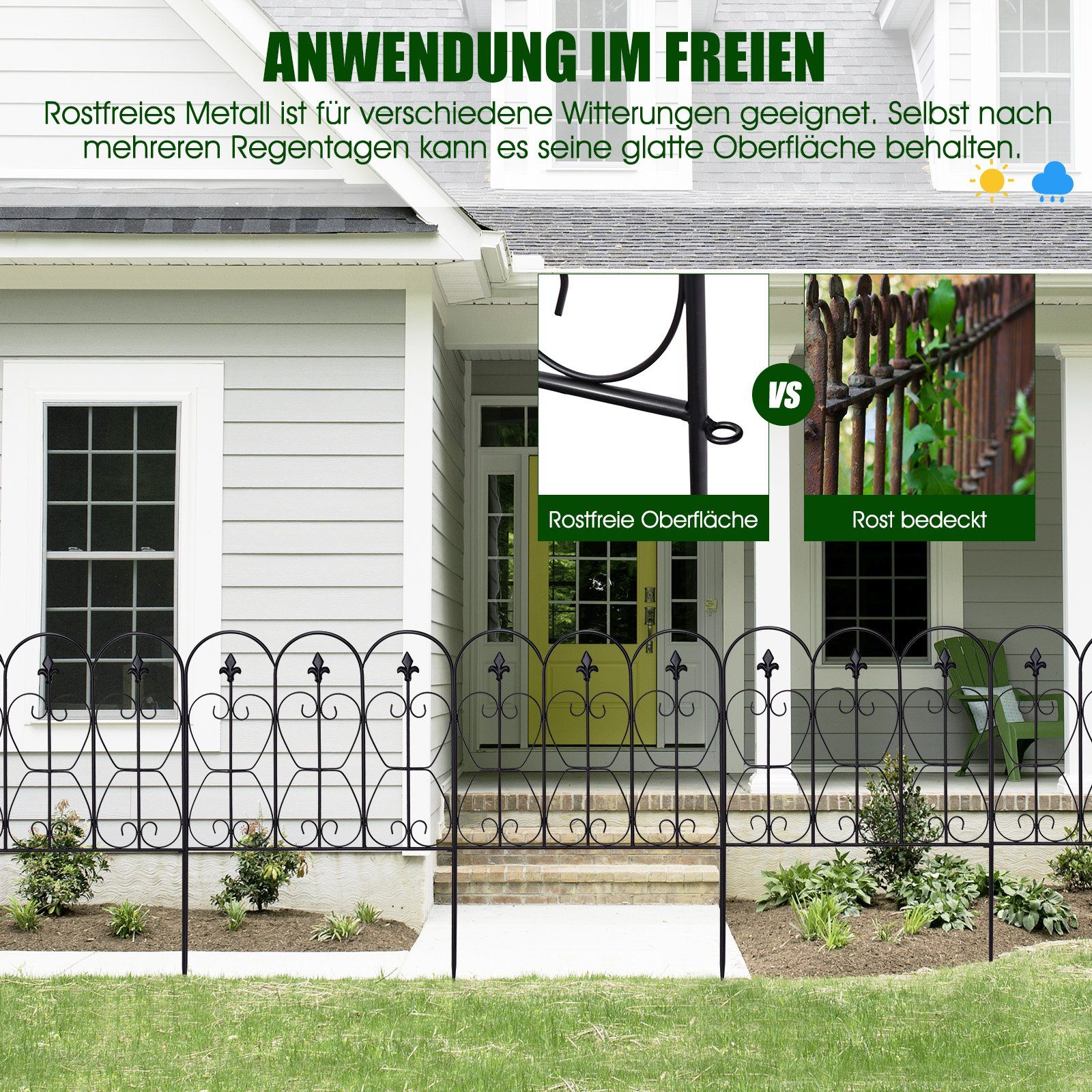 COSTWAY Gartenzaun, 5 Zaunelemente, ineinander steckbar, Metall, 63x80cm