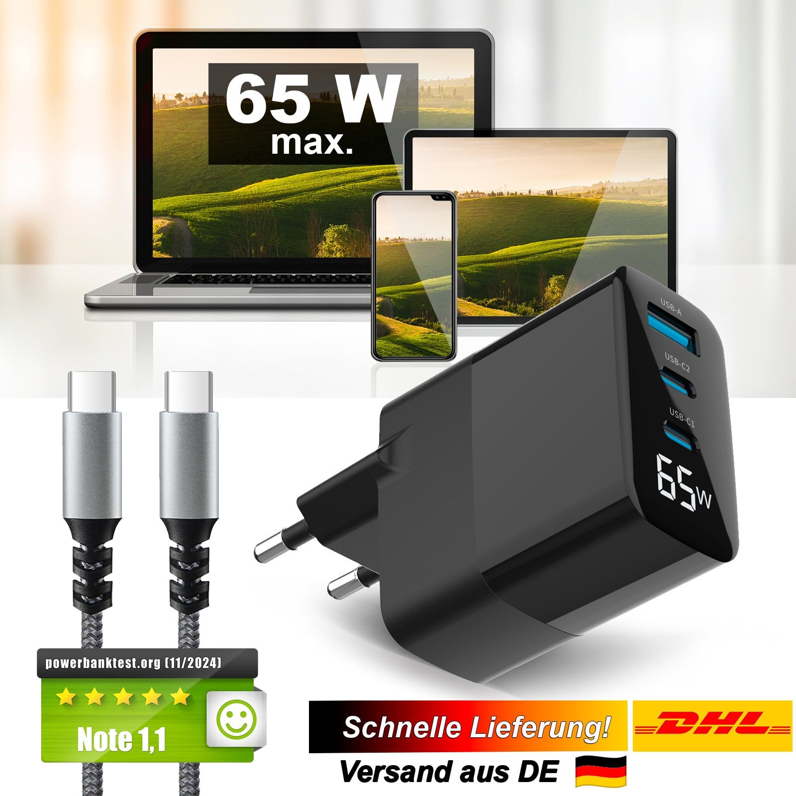 Eaxus 3 Port Usb C Netzteil 65 Watt Mit Display Für Iphone Ipad
