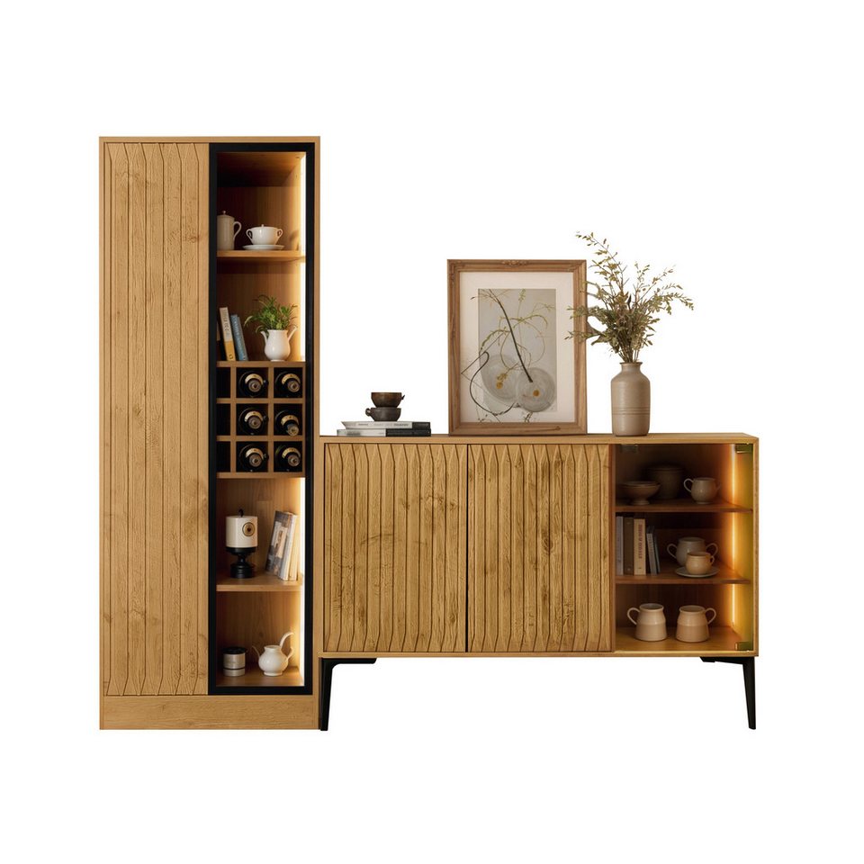 Okwish Wohnzimmer Set Mit Glastüren Und Beleuchtung